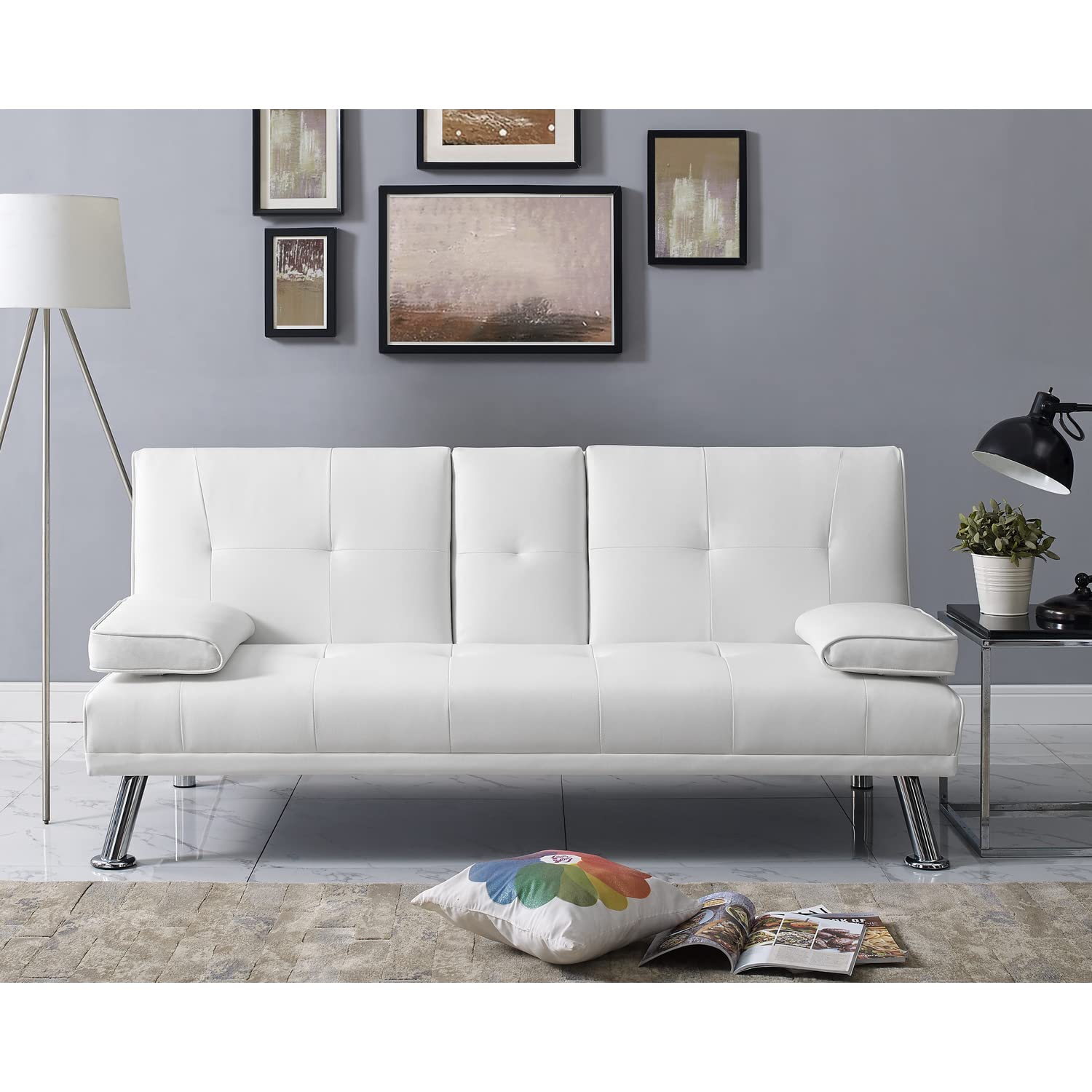 Naomi Home White Faux Leather Futon Sofa Bed, 3-Position Reclining Small Couch with Armrest, 2 Cupholders, 500 lbs Weight Capacity, Living Room
