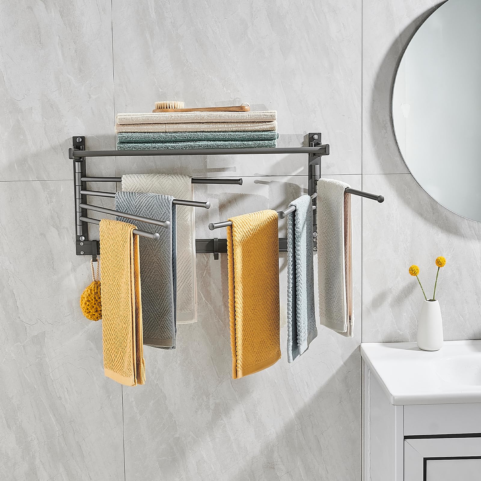 KIJINOGF Clothes Drying Rack Wall Mounted Laundry Drying Rack for Laundry with Swivel Towel Arms and Hanging Hooks Space Organization for Laundry Room Bathroom, 15.8’’ 1 Pack(Silver)