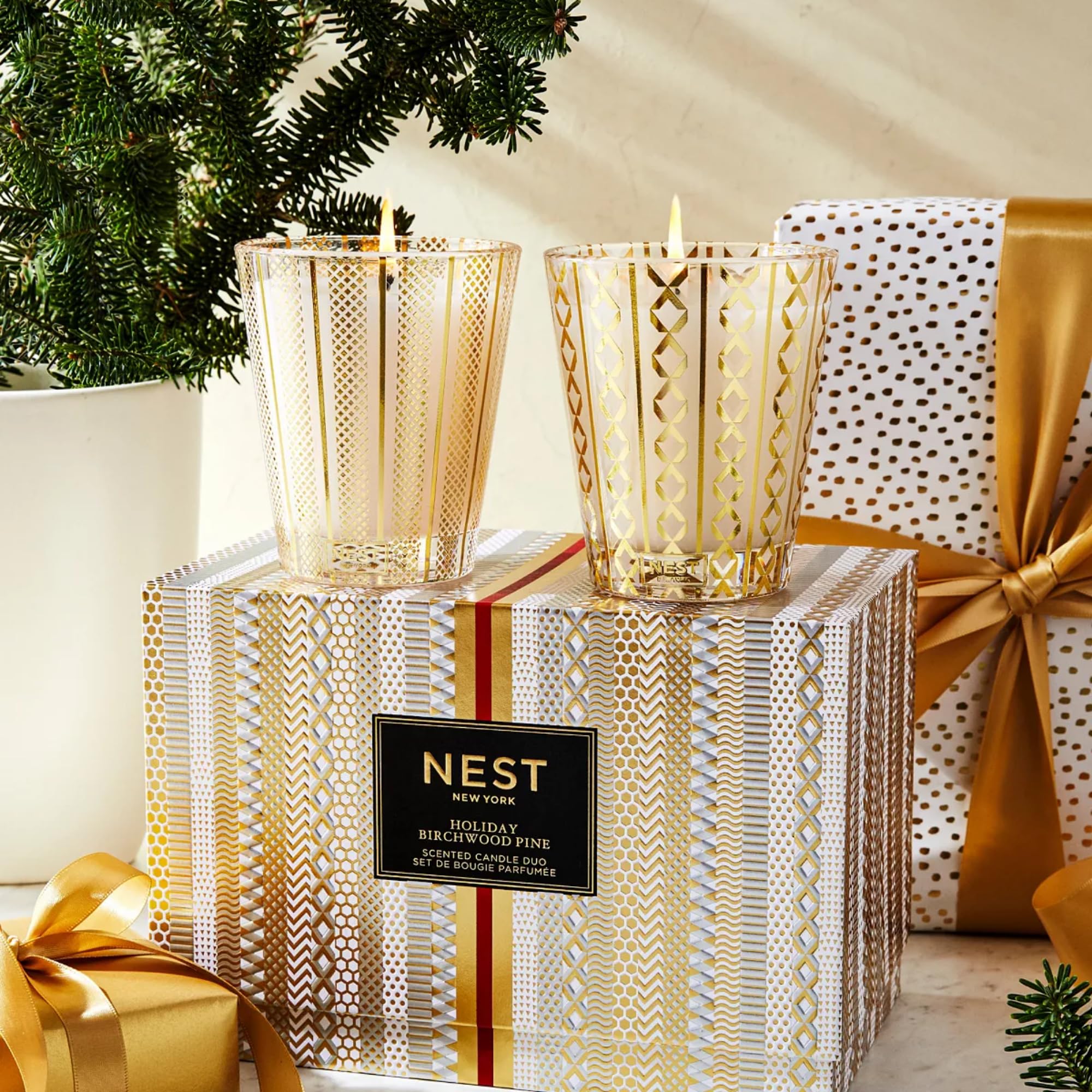 NEST New York Scented Classic Candle Set - Includes Holiday (8.1 oz) + Birchwood Pine (8.1 oz) - Up to 60-Hour Burn Time - Reusable Glass Vessel