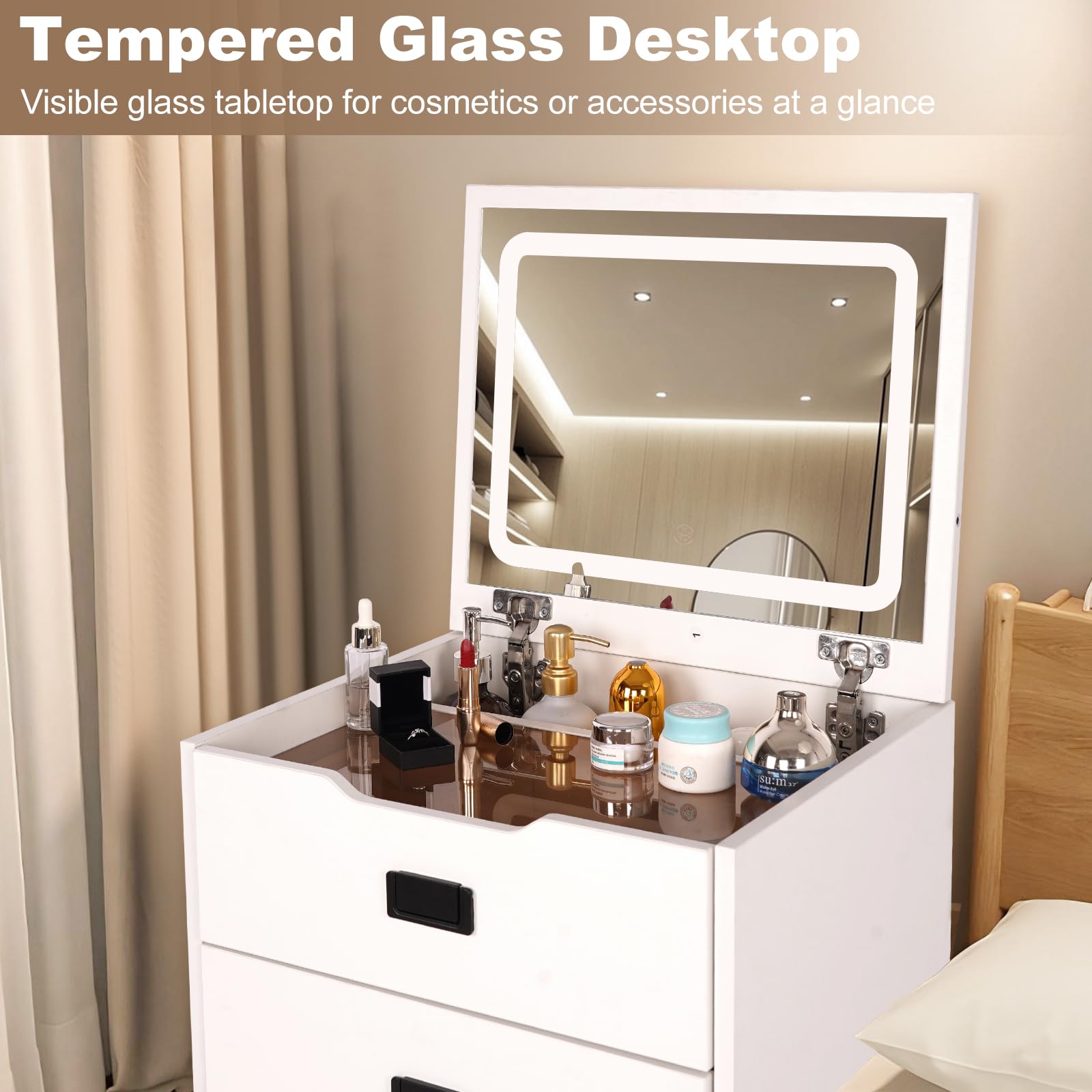 HVCBOSS 3 in 1 Vanity Desk with Plip Top Mirror, LED Light Small Make Up Vanity Set with Visible Glass Desktop, Compact Makeup Vanity with 4 Drawers, Dressing Table for Bedroom, White