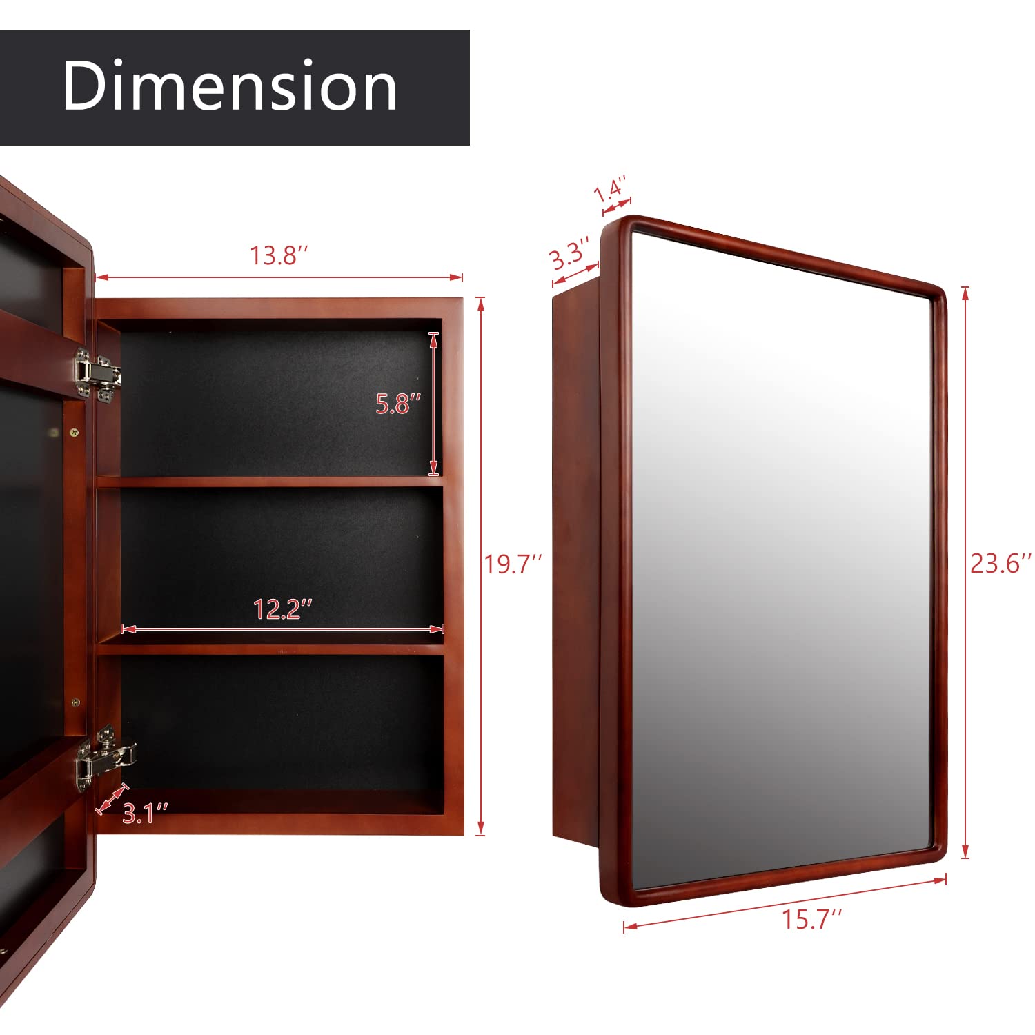 Medicine Cabinet Bathroom Mirror, 24''x16'' Farmhouse Wood Frame Bathroom Medicine Cabinet with Mirror, Vanity Mirrors Recess or Surface Mounted Installation (Brown)