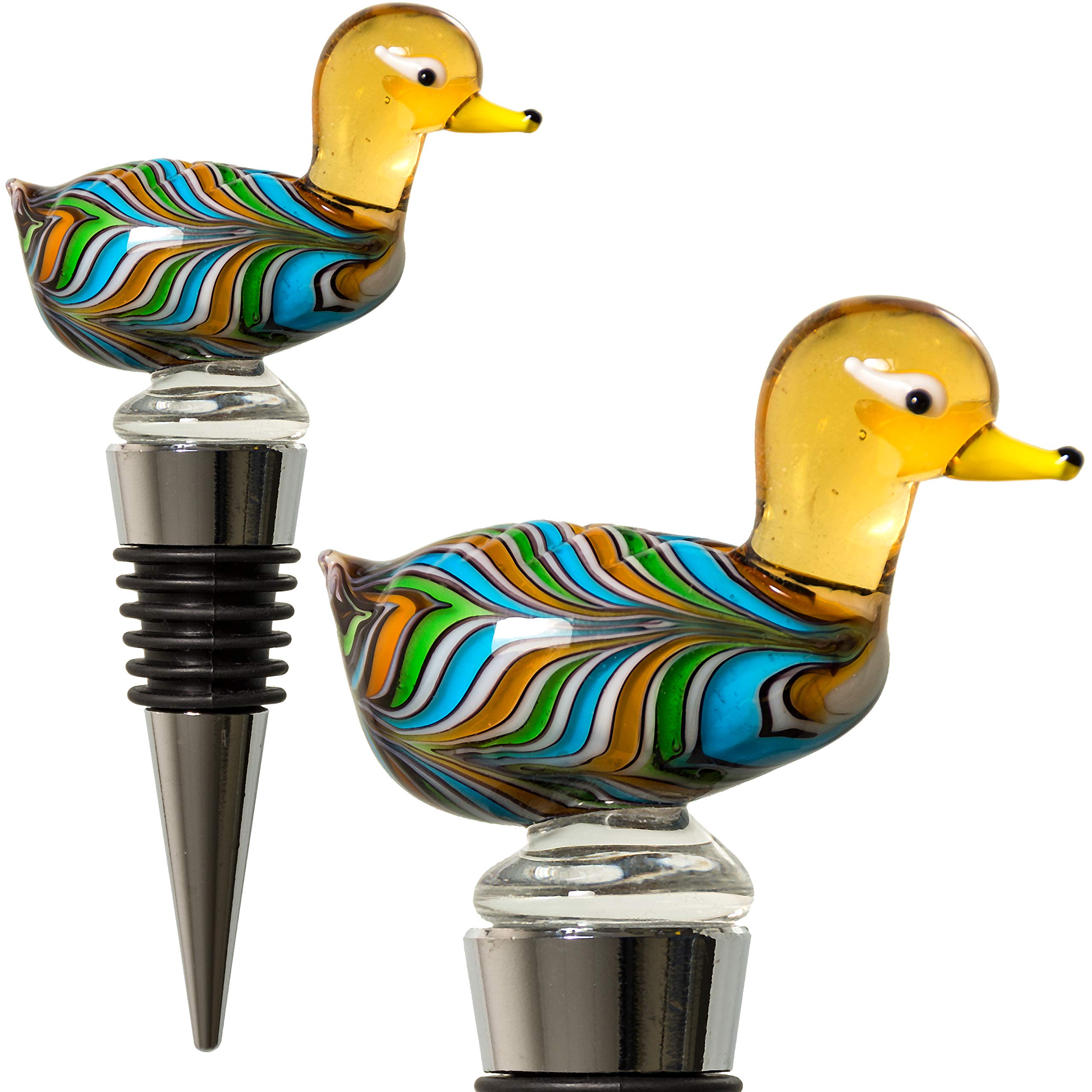 Glass Duck Wine Stopper - Champagne/Wine Bottle Stopper, Decorative, Colorful, Unique, Eye-Catching Glass Wine Stoppers – Mallard Duck Décor, Wine Accessories Gift for Hostess - Wine Corker / Sealer