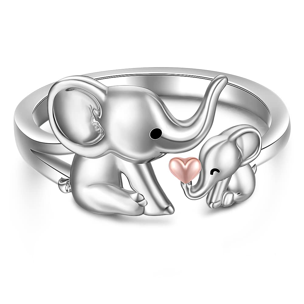Fenthring Sterling Silver Elephant Ring Mama Elephant Rings Rose Gold Plated Heart Family 2 Elephants Gift Size 9