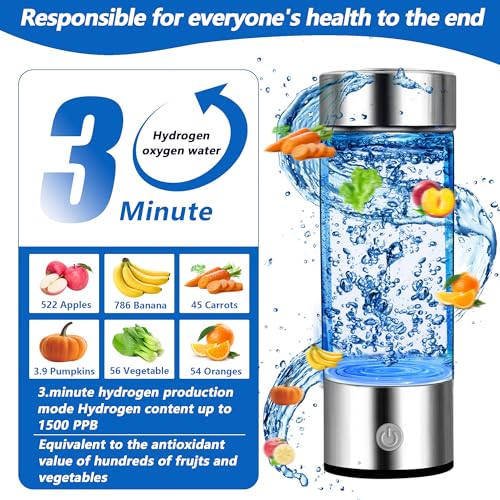 Hydrogen Water Bottle Generator, AquaHealth Hydrogen Water Bottles, 450ml Portable Rechargeable Hydrogen Water Ionizer Hydrogen-Rich Water Bottle Glass for Home (Silver)