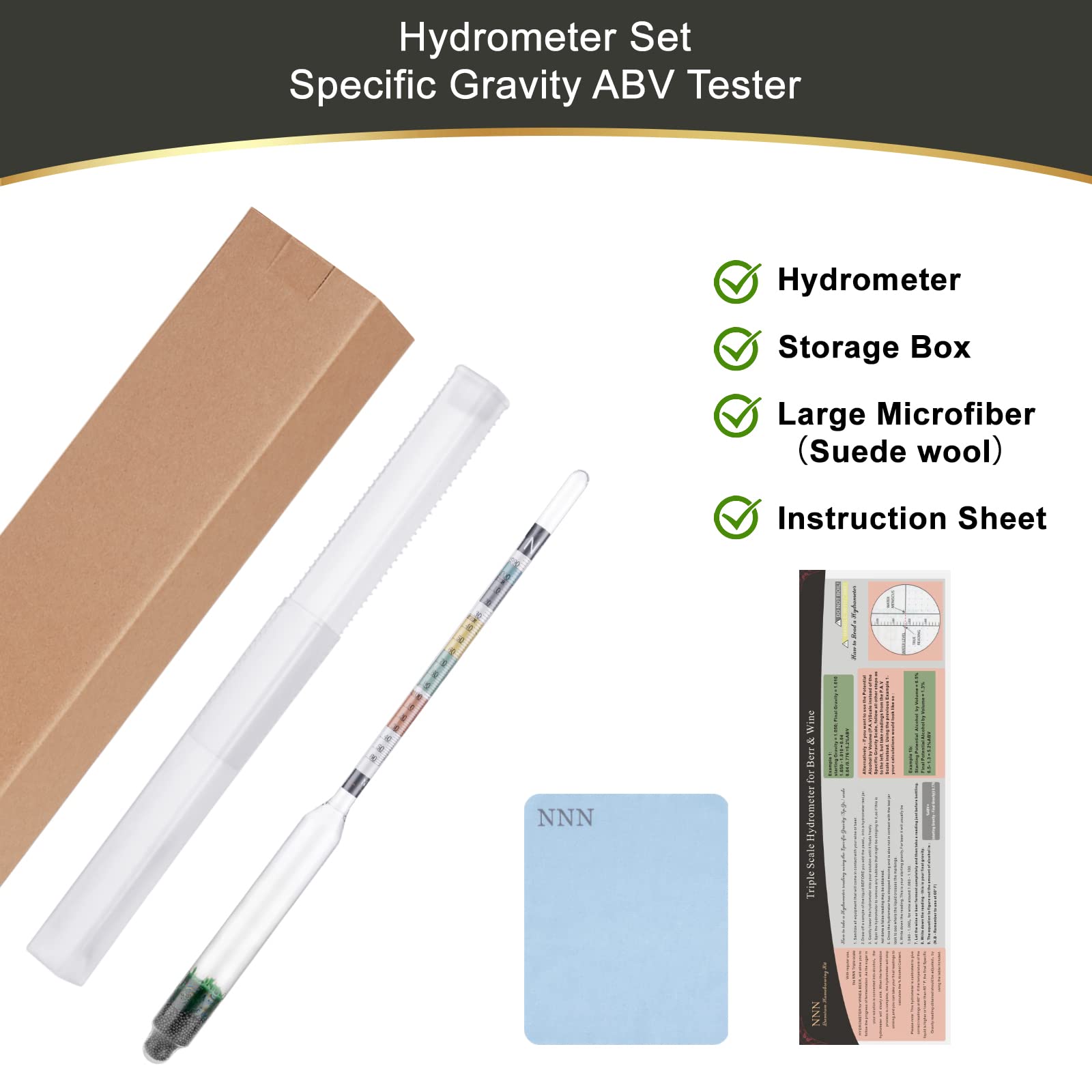 Hydrometer - for Home Brew Beer, Wine, Mead and Kombucha - Exquisite Triple Scale Set, Hardcase and Cloth - Specific Gravity ABV Tester