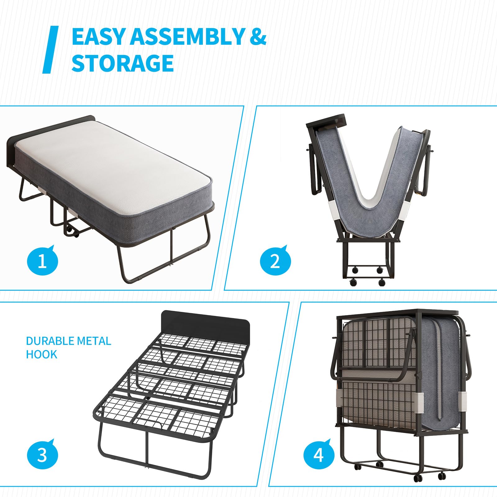 Mjkone Folding Bed with 5 inch Mattress and Headboard - 75x31 Twin Size Bed Frame - Portable Foldable Rollaway Adult Bed for Guest, Memory Foam, Space Saving Fold Up Bed for Easy Storage