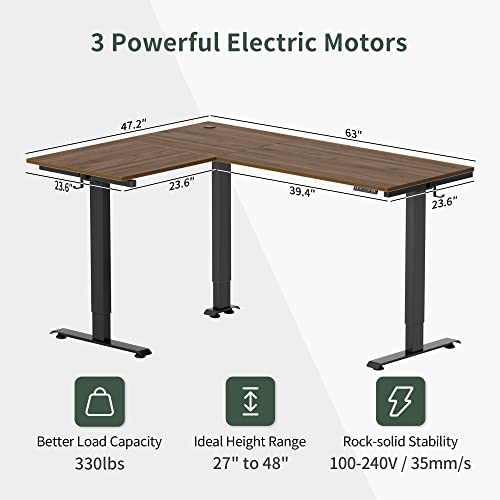 FEZIBO Triple Motor L-Shaped Electric Standing Desk, 63 Inches Height Adjustable Stand up Corner Desk, Sit Stand Workstation with Splice Board, White Frame/White Top