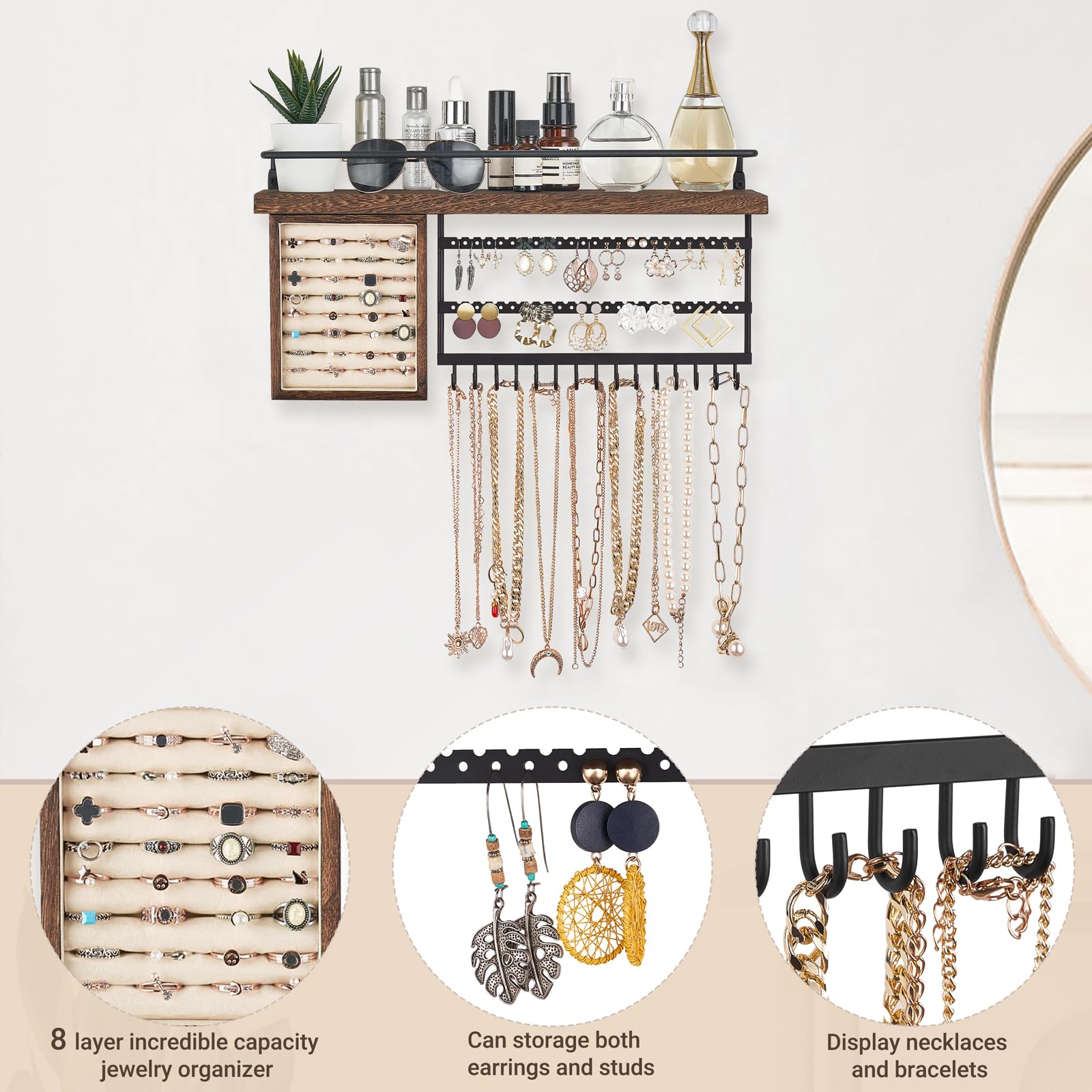 Mkono Hanging Jewelry Organizer Wall Mounted Jewelry Organizer Necklace Holder with Rustic Wood Shelf, Ring Display Box, Ear Studs Earring Holder Bracelet Organizer