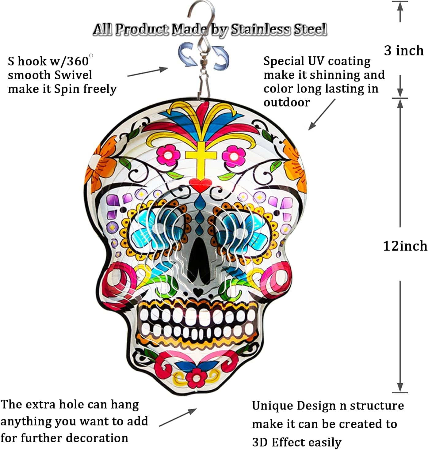 Fonmy Kinetic 3D Metal Garden Wind Spinner Unique Gifts Outdoor Decorations Quality Hanging Ornament for Home and Garden 12inch Mandala Silver Sugar Skull Wind Spinners