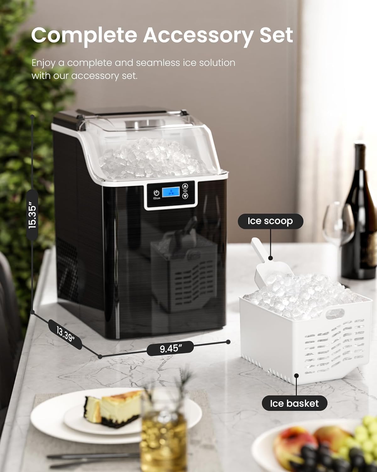 Kismile Nugget Ice Makers Countertop, 45lbs/Day Pebble Ice Maker Machine with 24-Hour Timer, Self-Cleaning Crushed ice Maker with Ice Scoop and Ice Basket for Home & Kitchen (Black)