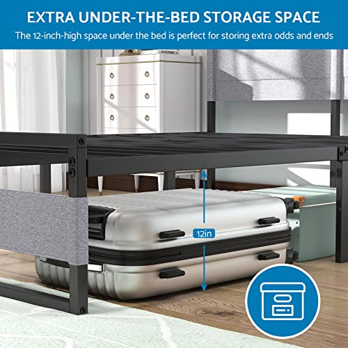 LIFERECORD Queen Metal Platform Bed Frame with Headboard and Pocket, Heavy Duty Steel Slat Bed No Box Spring Needed Noise Free Modern