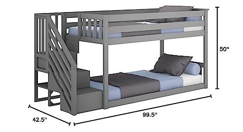 Max & Lily Low Bunk Bed, Twin-Over-Twin Bed Frame For Kids With Stairs, Grey