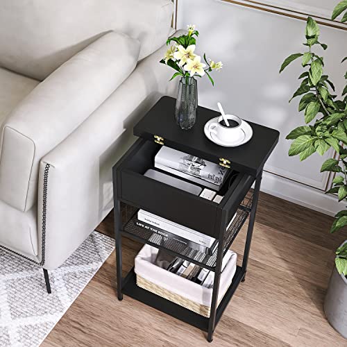 Nightstand with USB Ports and Outlets, Bedside End Table with Storage Shelf Bed Couch Sofa Side Table with Charging Station Rustic Accent Table Small Wood Night Stands for Bedroom, Living Room, Black