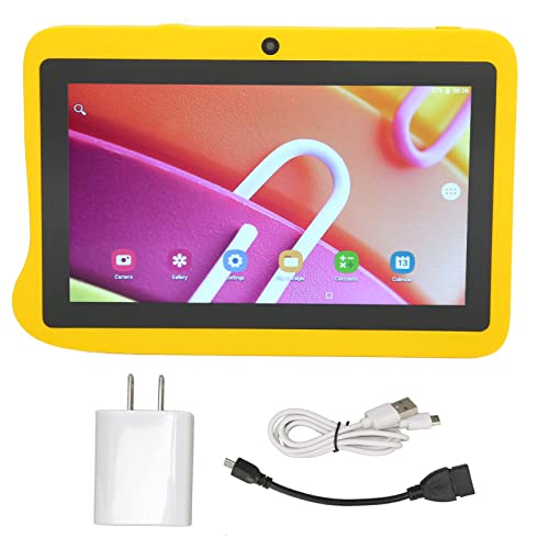 HAIKOO Childrens Tablet US Plug 100-240V 5MP Front 8MP Rear 7in 1960x1080 IPS HD Tablet 4GB 32GB for Android 10.0 for Reading (Yellow)