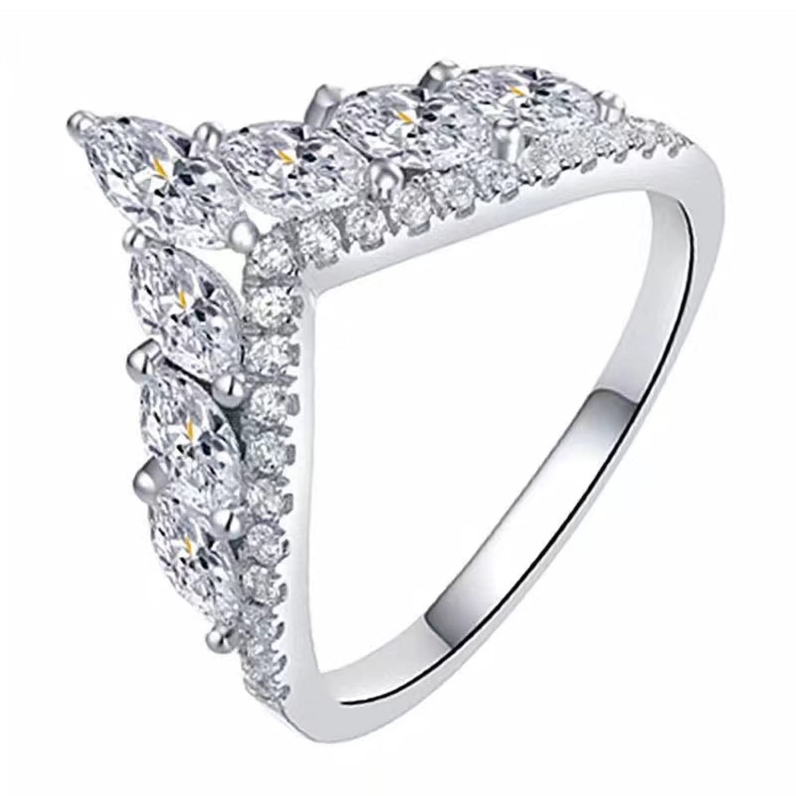 Fashion V-Shaped Crown Ring Princess Engagement Promise Ring Sparkling Wishbone Cubic Zirconia Ring in Sterling Silver Cubic Zirconia Eternity Band Wishbone CZ Stacking Engagement Ring for Women (9)
