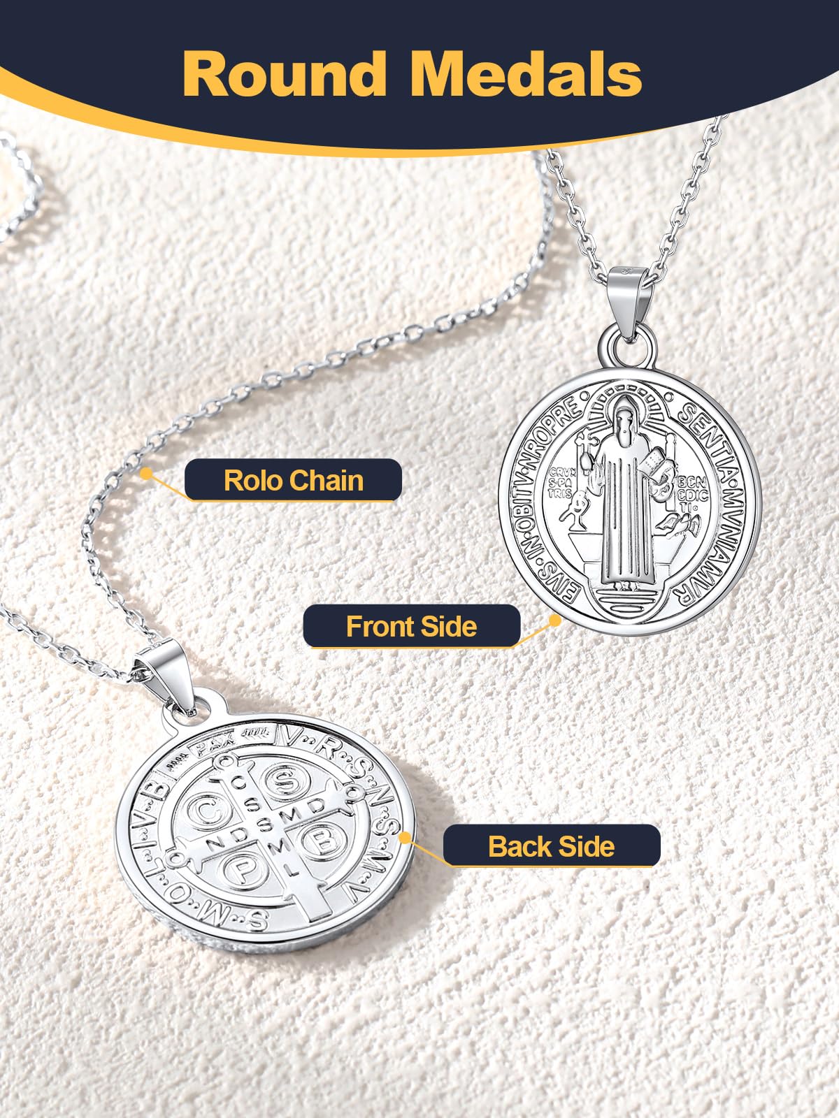 U7 Men Women St Benedict Necklace 925 Sterling Silver Round Medal Protect Saint Nursia Benedict Pendant and Chain 18 Inch