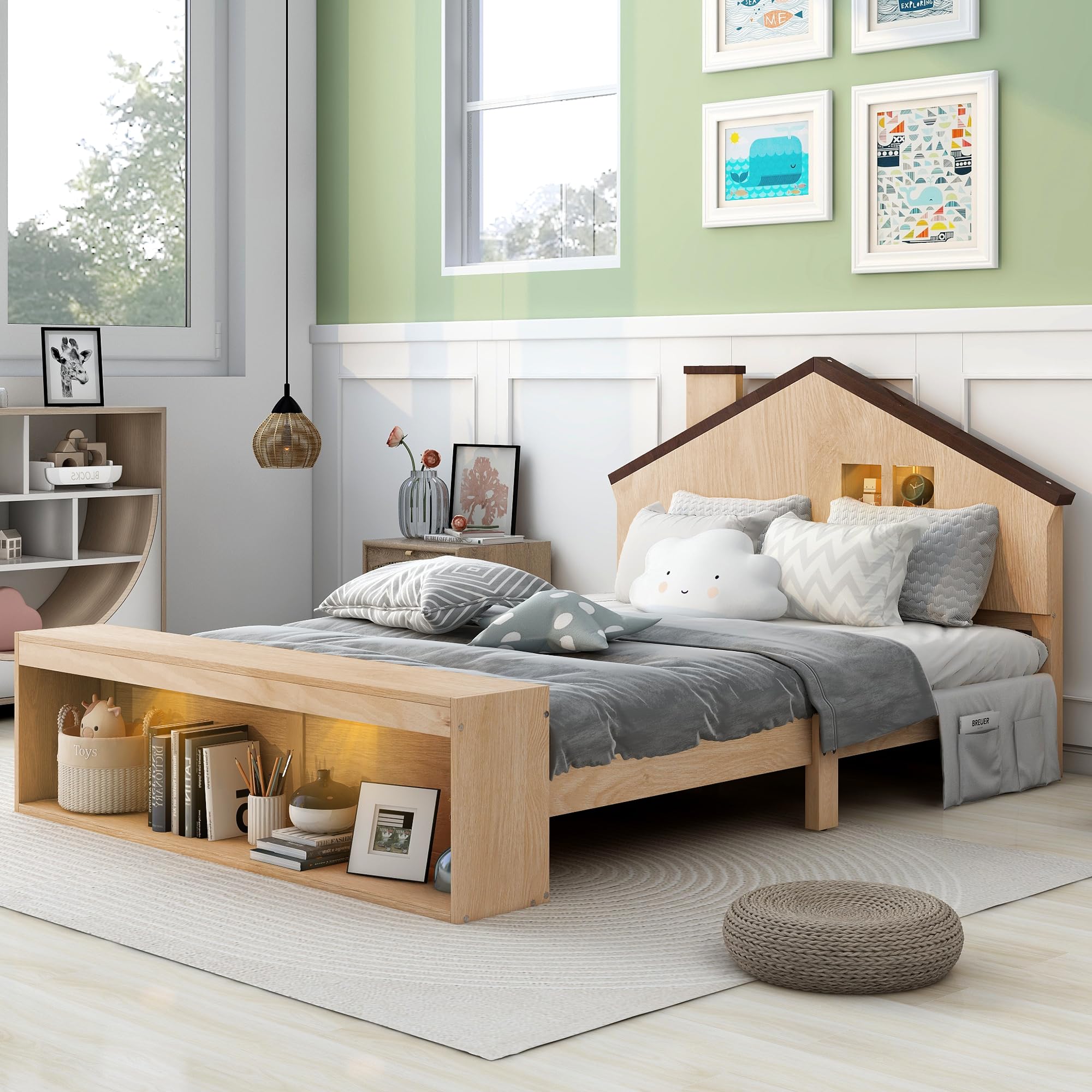 Harper & Bright Designs Full Size Platform Bed with Storage and Headboard Footboard LED Lights, Solid Wood House Bed Frame, No Box Spring Needed, Easy Assembly (Wood Color)