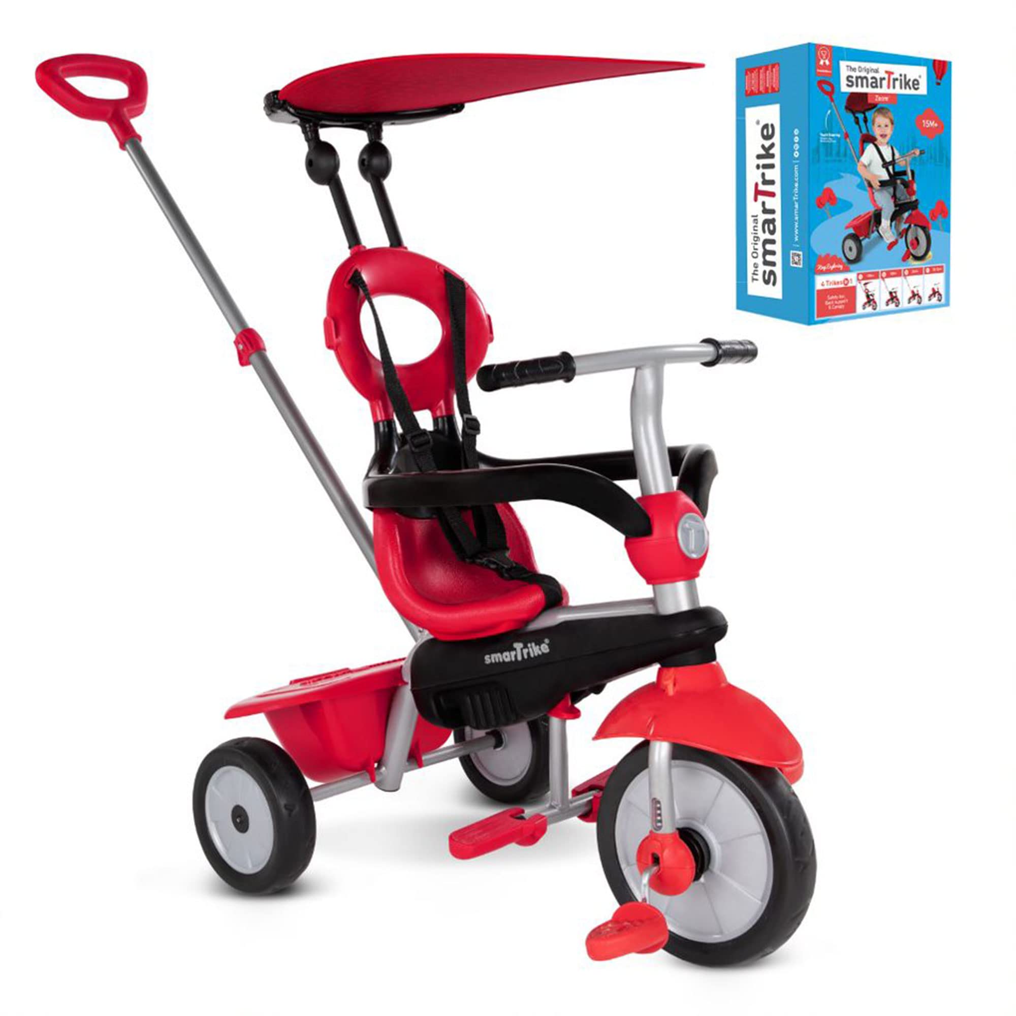 smarTrike Kids Adjustable Tricycle Push Bike Trike Ride On Toy with Parent Control Button for Toddler Ages 15 Months to 3 Years, Red