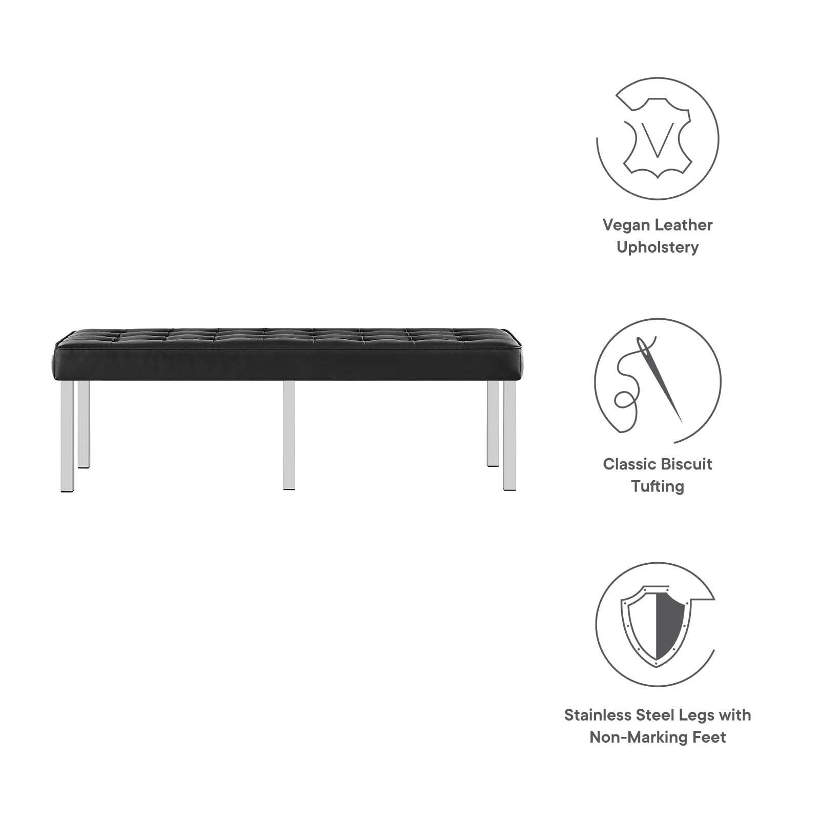 Modway Loft Tufted Button Faux Leather Upholstered Large Accent Bench in Silver Black
