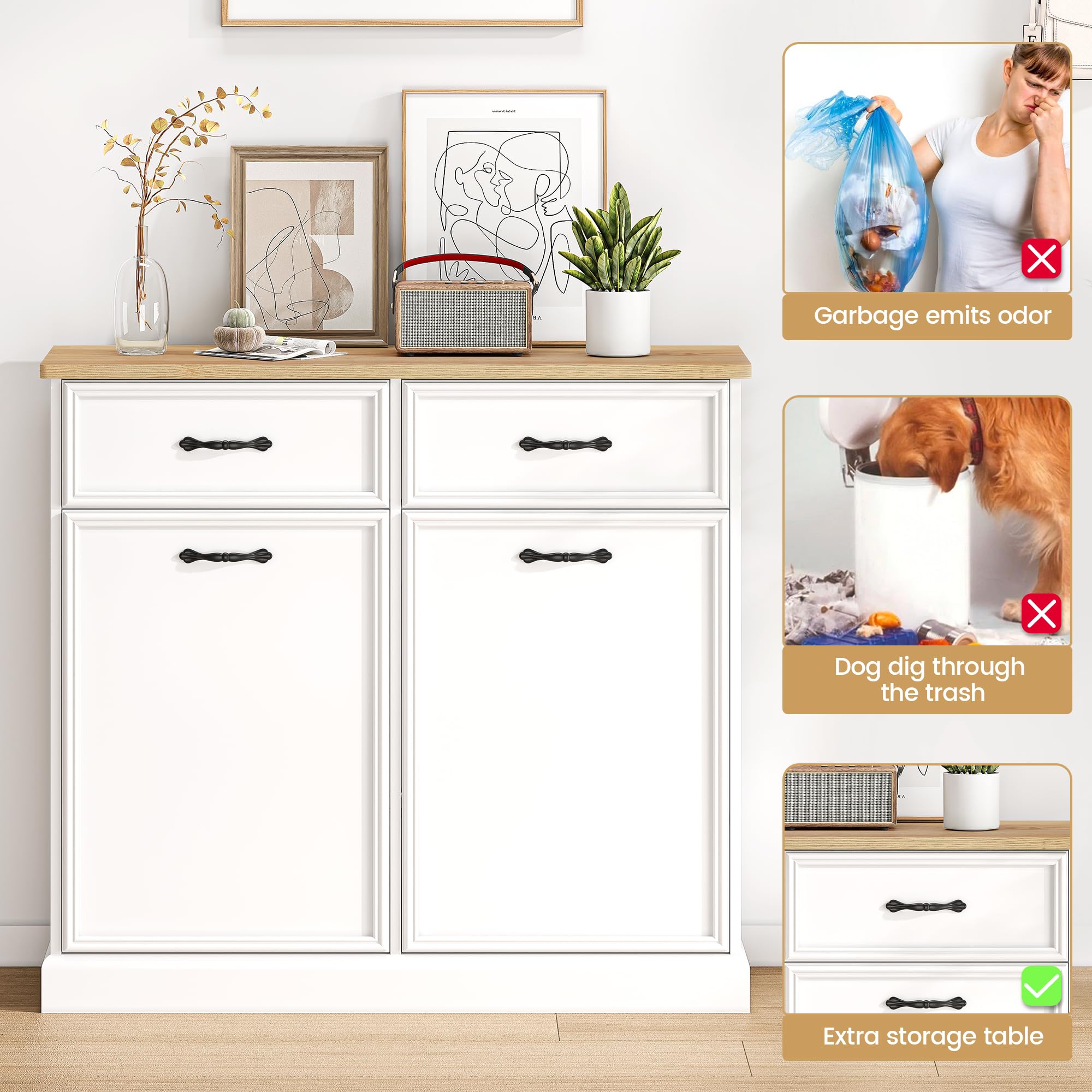 IDEALHOUSE Double Tilt Out Trash Can Cabinet, Hidden Trash Bin Cabinet 10 Gallon Storage Holder, Freestanding Garbage Can Cabinet for Kitchen Dining Living Room