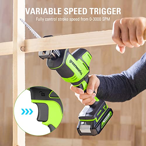 Greenworks 24V Brushless 1" Compact One-Handed Reciprocating Saw (3,000 SPM), Cordless Powered Variable Speed Recip Saw, 2.0Ah Battery and Compact Charger Included, RSG404