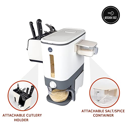 KITCHEN FAST–22LBS Rice Dispenser–Food Dispenser-Attachable Cutlery Holder and Salt/Spice Container–Large Grain Storage with Lid–Extra Storage Box-Moisture Proof-Optimizes Kitchen Space–Rice Storage
