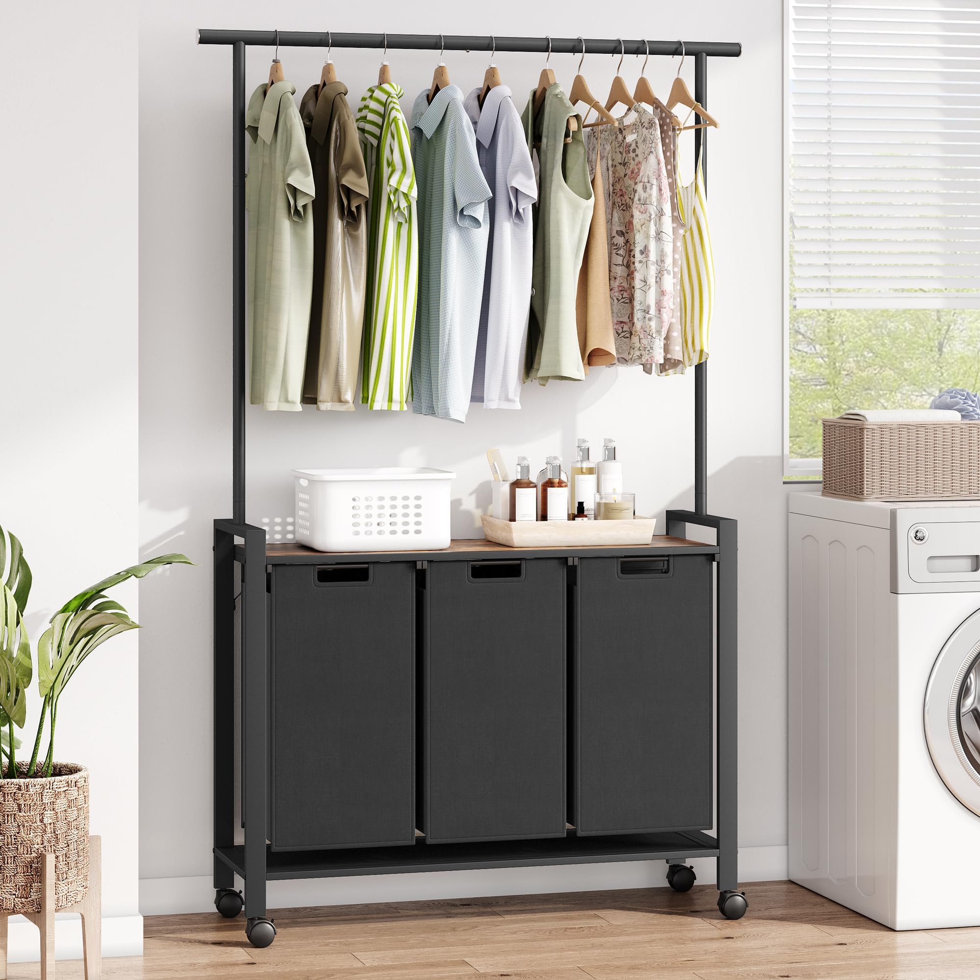 IDEALHOUSE Laundry Sorter, Rolling Laundry Hamper with Hanging Rack, Laundry Hamper 3-Section with Wheels, Hampers for Laundry, Laundry Basket Organizer for Laundry Room, Rustic Brown