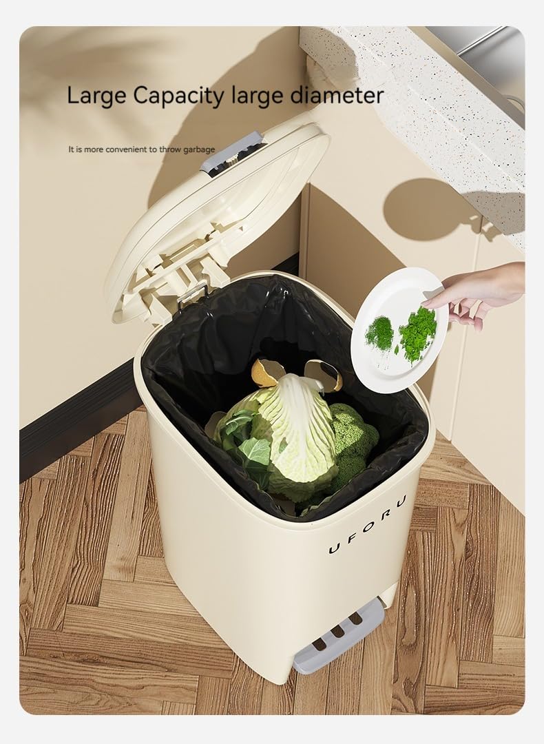 Kitchen Trash Can 6 Gallon Odor Resistant Medium Plastic Trash Can Hands-Free with Pedal and Trash Bag Ring, 6 Gallon Milky White