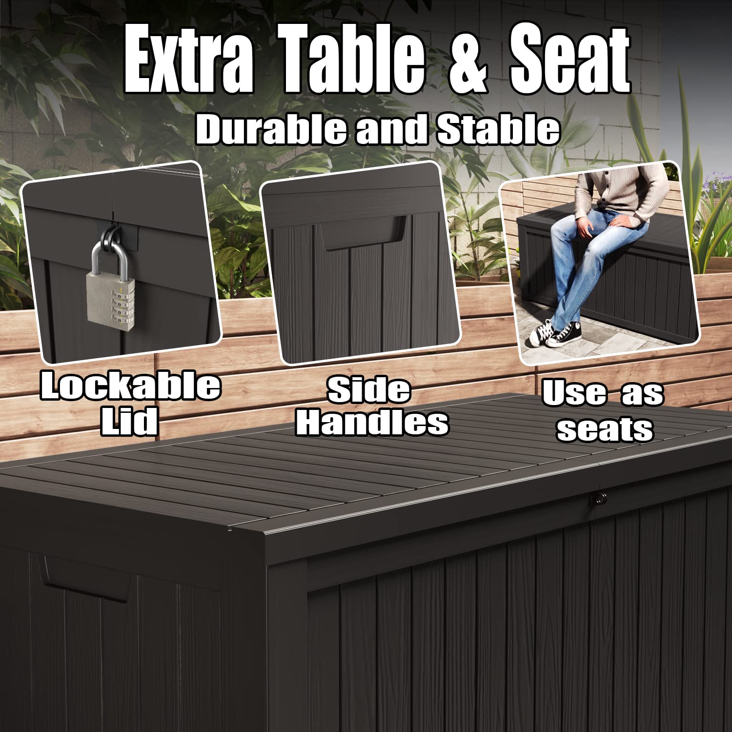 Greesum 150 Gallon Resin Deck Box Large Outdoor Storage for Patio Furniture, Garden Tools, Pool Supplies, Weatherproof and UV Resistant, Lockable, Black