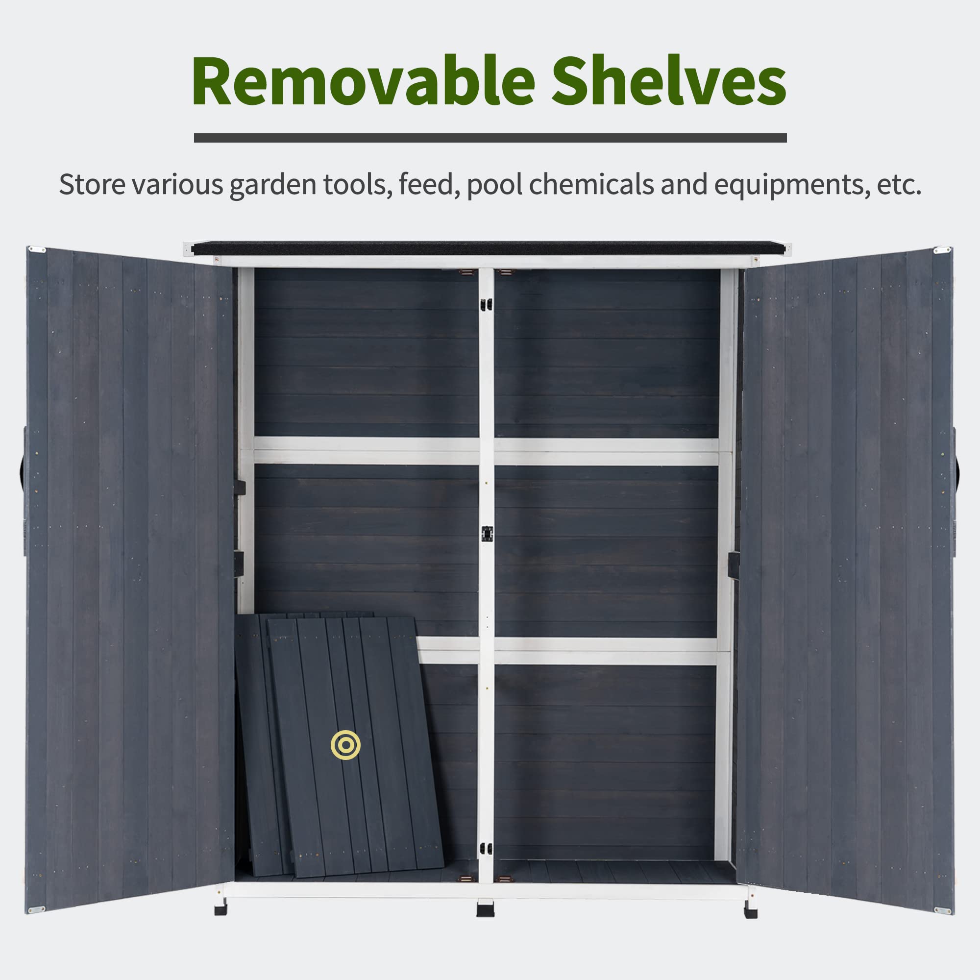 MCombo Storage Shed Backyard Utility Tools Organizer Outdoor Wooden Garden Racks Shelves with Lockers 2 Doors Home Furniture 6056-1400(Grey)
