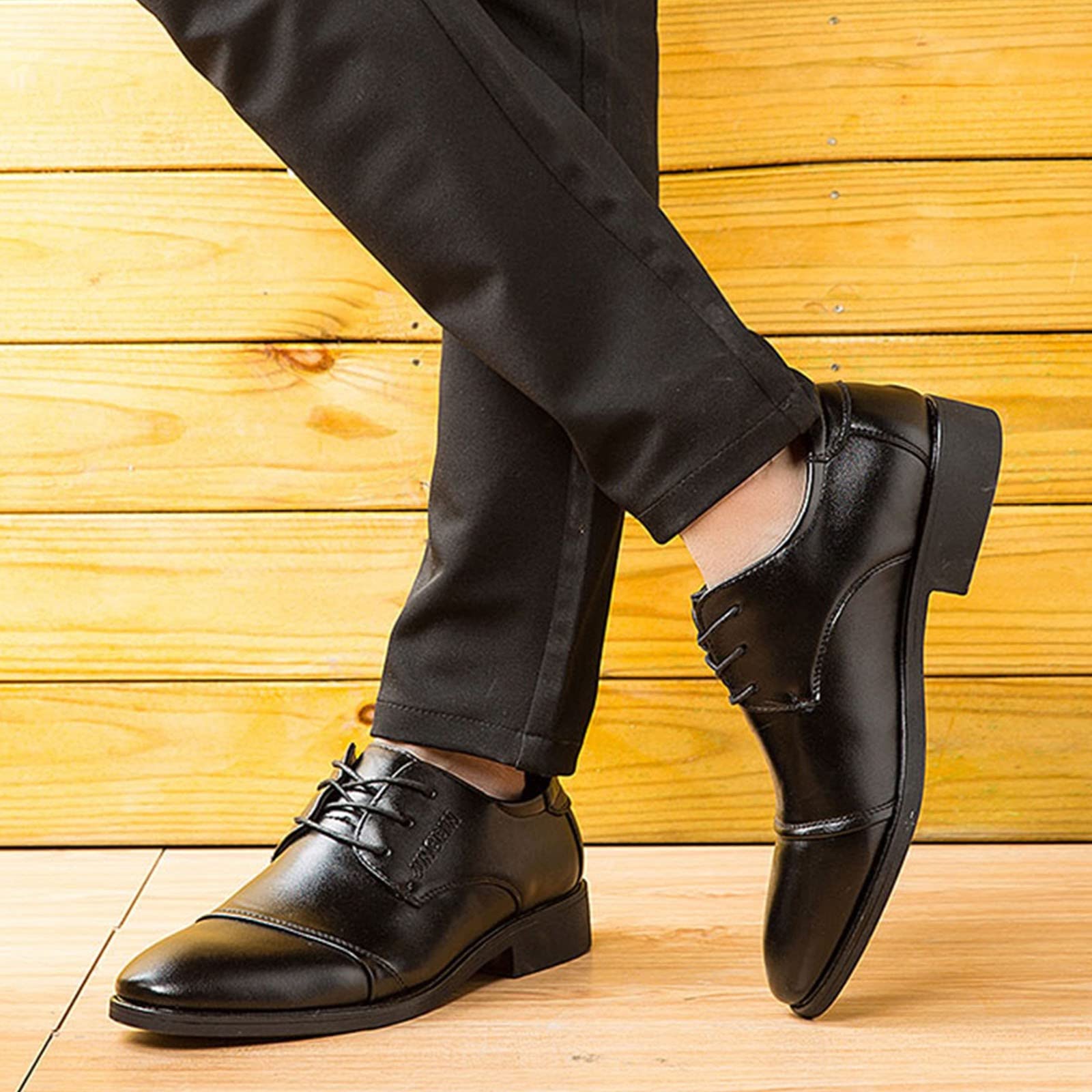 Fashion Summer and Autumn Men Leather Shoes Low Heel Pointed Toe Lace Up Solid Color Simple British Style Boots Size 12 Men Black