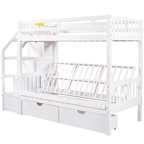 Twin Over Full Futon Bunk Beds with Stairs and Storage Drawers Convertible Wood Bunk Bed Frame Couch and Bed for Kids Boys Girl Adults Teens Dorm, White