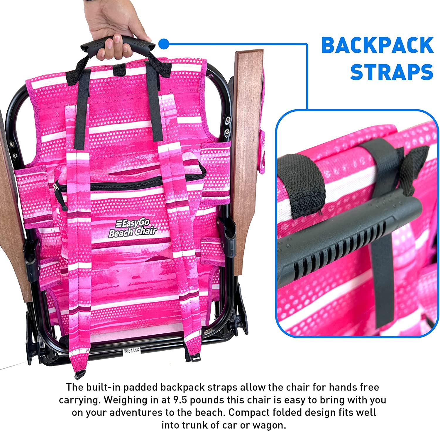 EasyGo Product Backpack Beach Chair 5 Positions and Cup Holder Pouch on Side Padded Pillow Storage Bag on Back Lightweight Rustproof Aluminum Black Frame, 2 Pack Pink & Blue