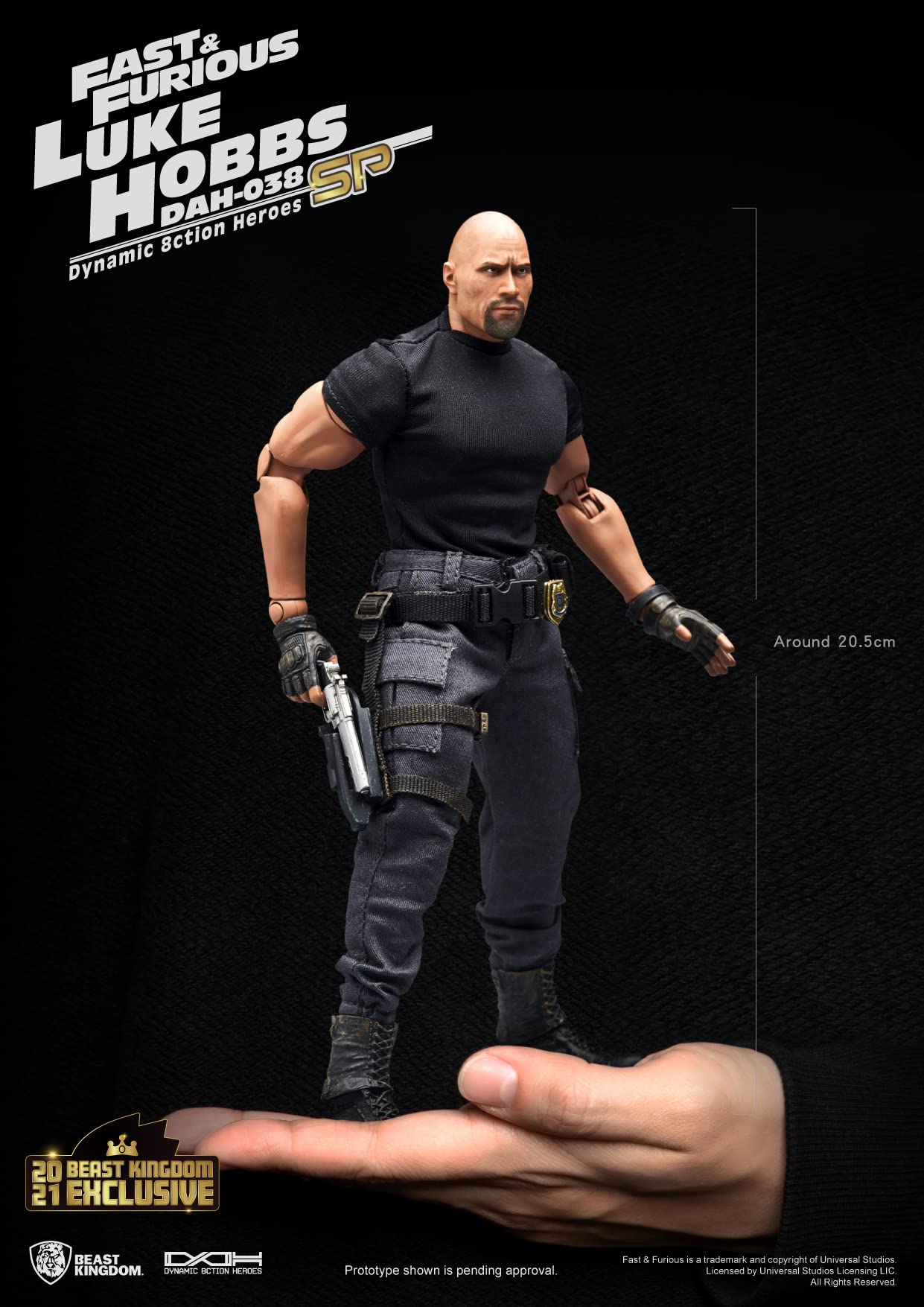 The Rock Action Figure As Luke Hobbs Limited Edition Fast and Furious - Model DAH-03 Fabric Clothing - Heavy Machine Gun, Ammo Box, Pistol, 4 Hands - Merchandise by Beast Kingdom