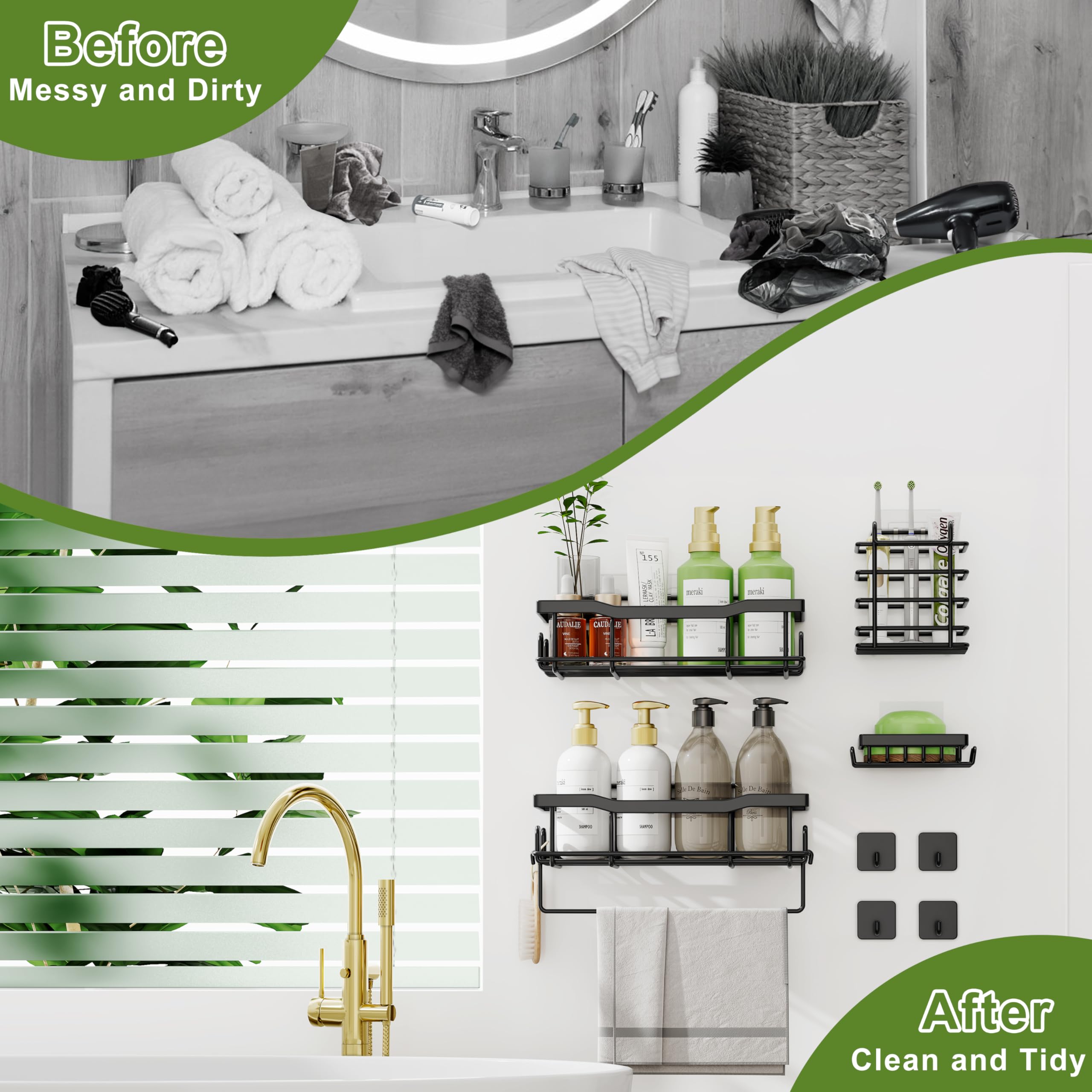 JIANDOS Shower Caddy 9 Pack, Adhesive Shower Organizers for Bathroom&Kitchen, Large Capacity Stainless Steel, Drill-Free Shower Shelves for Inside Shower with Hooks SC01-1