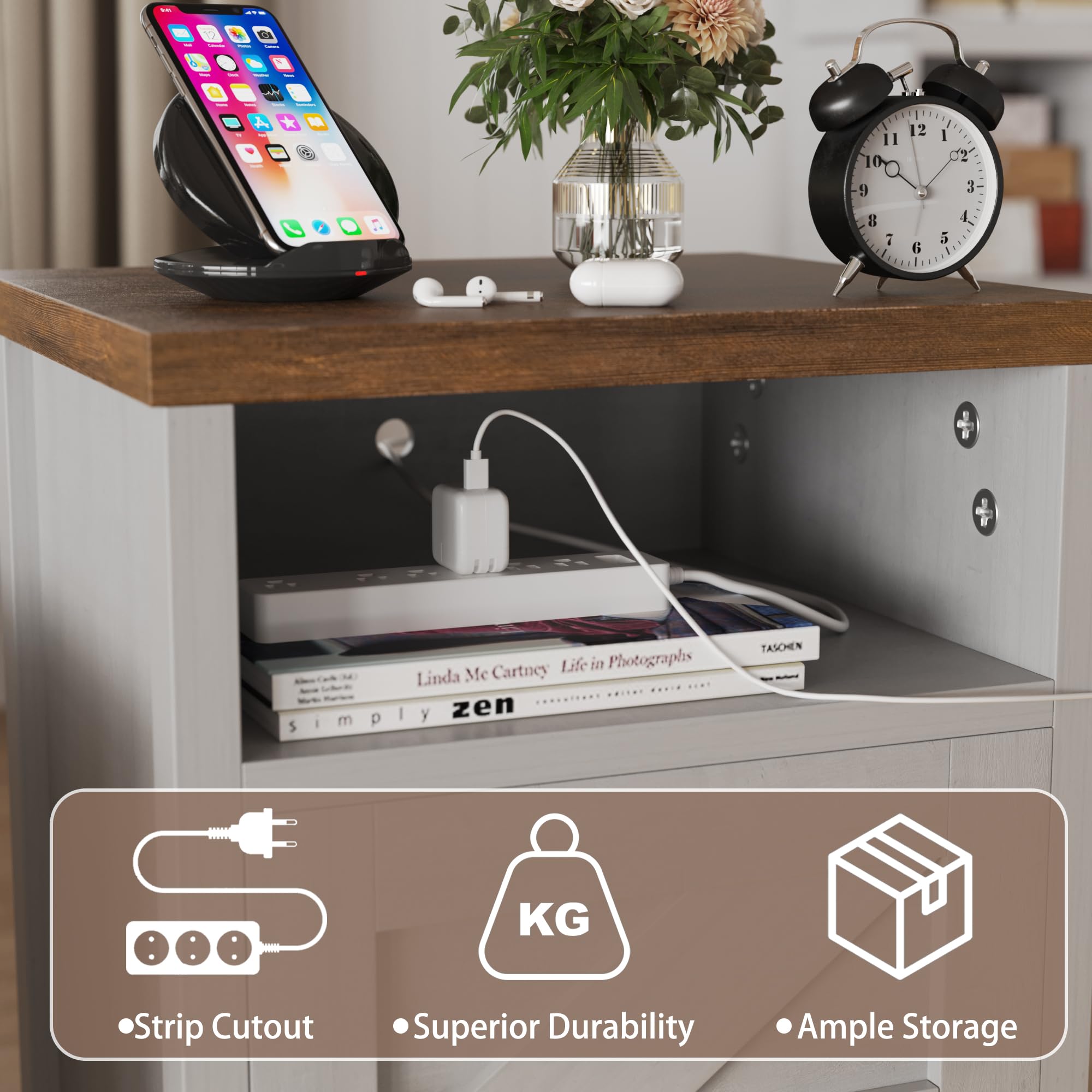 JUMMICO Farmhouse Nightstand, Modern Bedside Table with Barn Door and Shelf, Rustic End Table Side Table for Bedroom, Living Room (2, Grey)