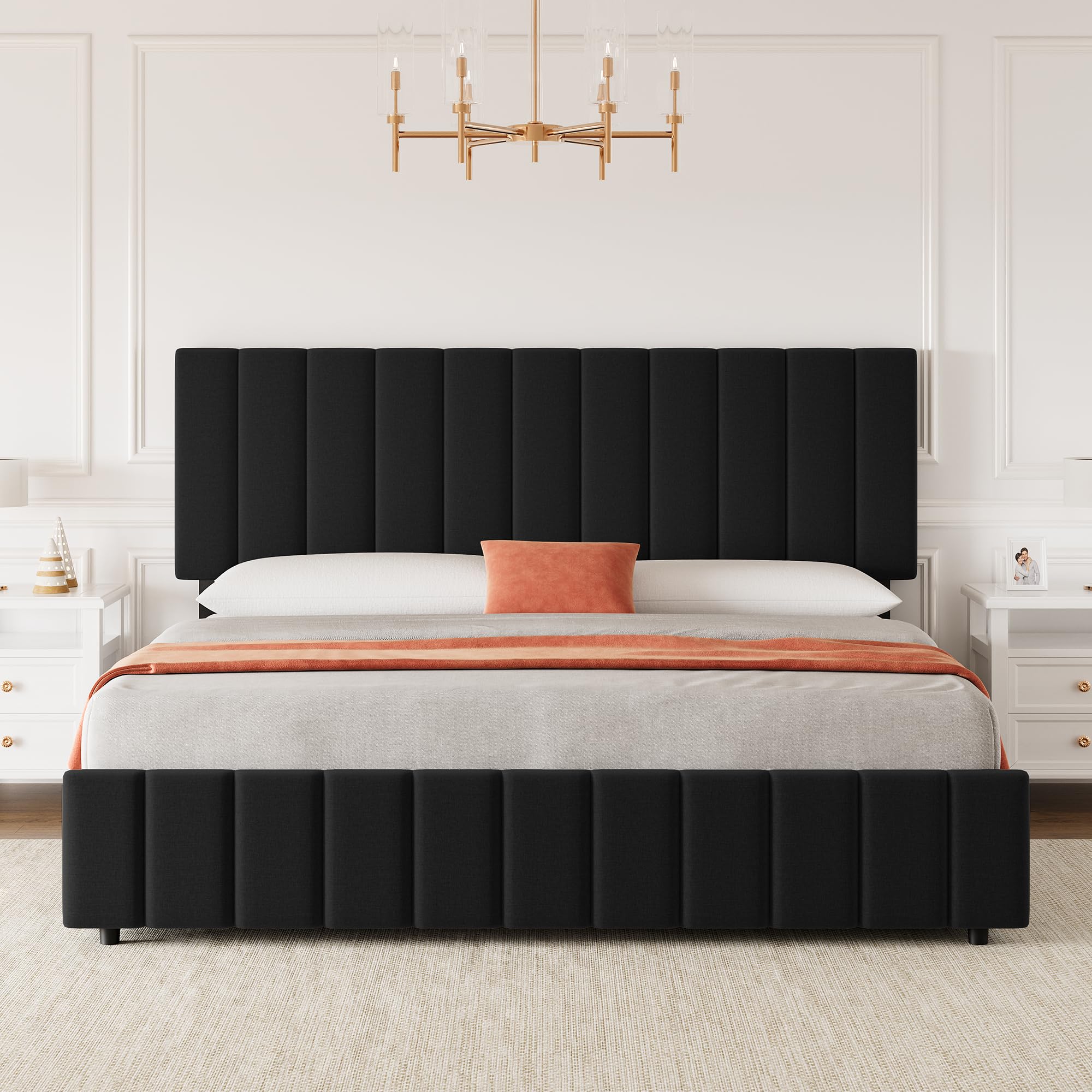 IDEALHOUSE Queen Size Bed Frame with 4 Storage Drawers and Adjustable Headboard, PU Leather Upholstered Platform Bed Frame with Wooden Slats Support, No Box Spring Needed, White
