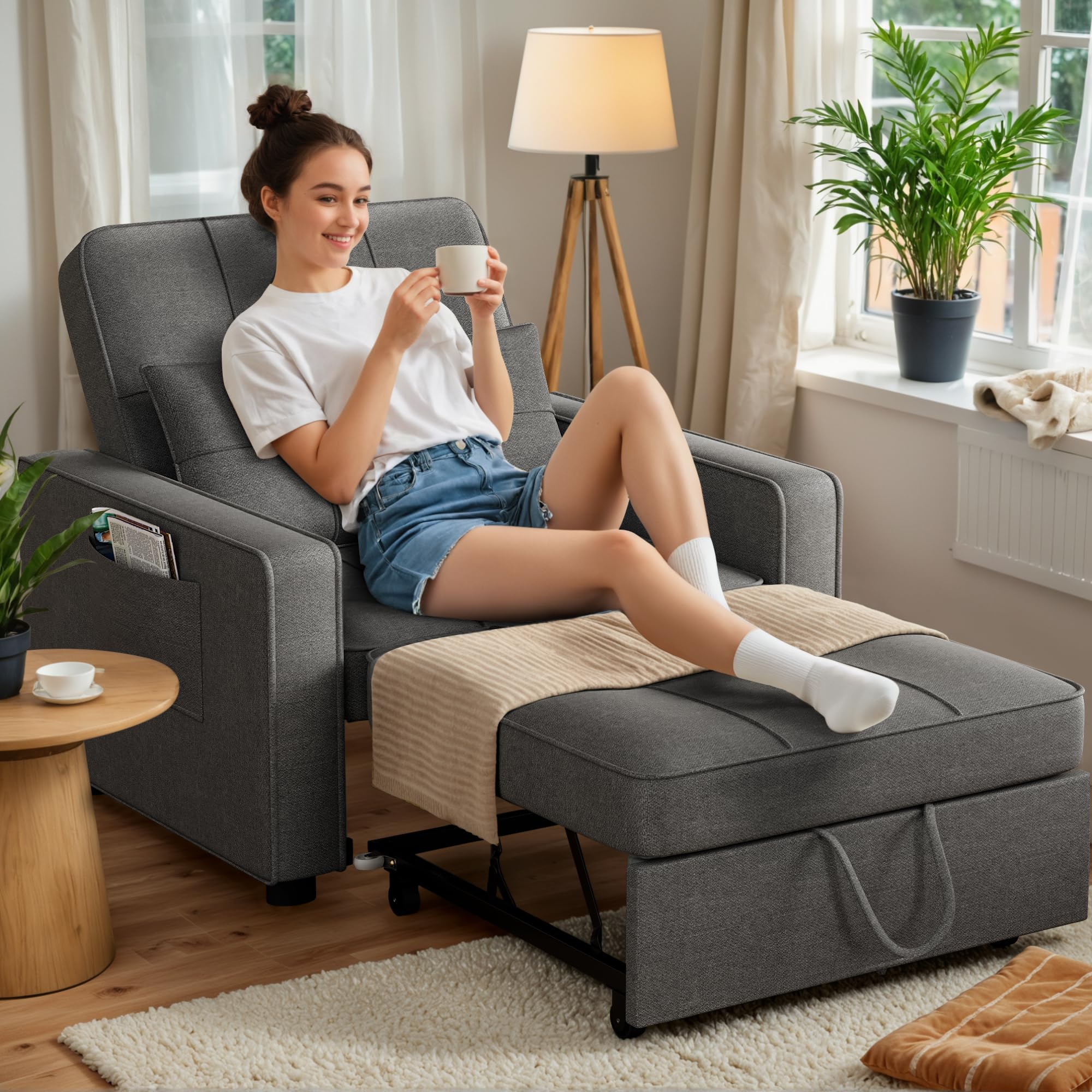 JUMMICO Sleeper Chair, 3-in-1 Convertible Sleeper Sofa Bed for Adults, Linen Fabric Pull Out Chair Bed with Adjustable Backrest, for Living Room, Apartment, Office, Small Space (Dark Gray)