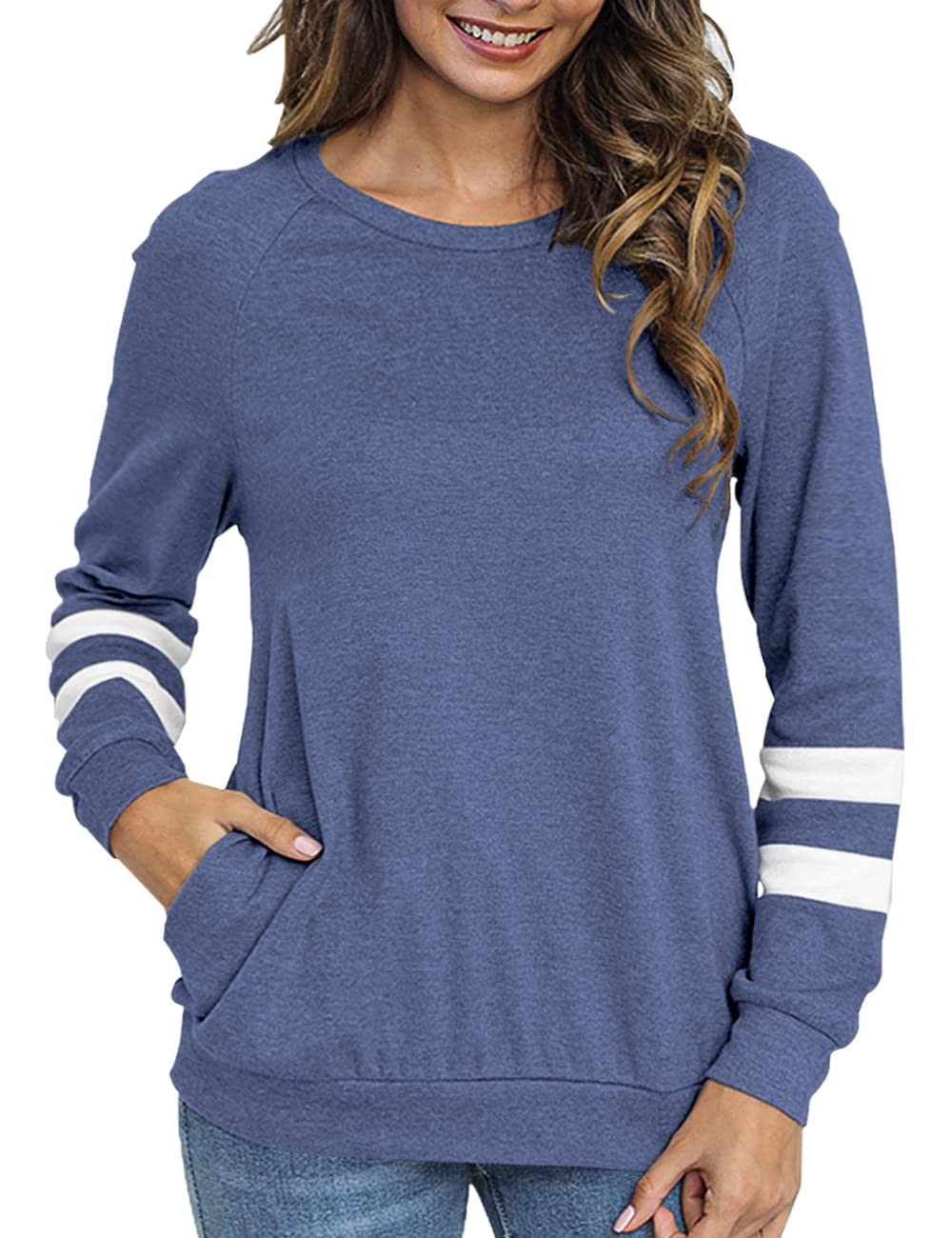 FOLUNSI Casual Round Neck Long Sleeve Loose Fit Tunic Tops Comfy with Pockets Cloudy Blue, 1X