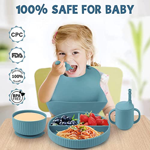 Silicone Baby Feeding Set, 2 adjustable bibs with food collectors, 1 suction cup divider, 1 suction cup, 1 sippy cup,1 stage 1 spoon and 1 fork, Baby Led Weaning Utensils,Toddler Self Feeding Set