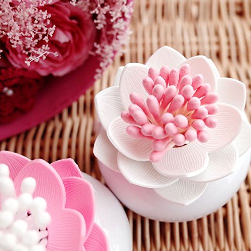 Niviy Q-Tips Holder Cotton Swab Organizer Lotus Shape Swab Cosmetic Storage Bathroom Decor, White1