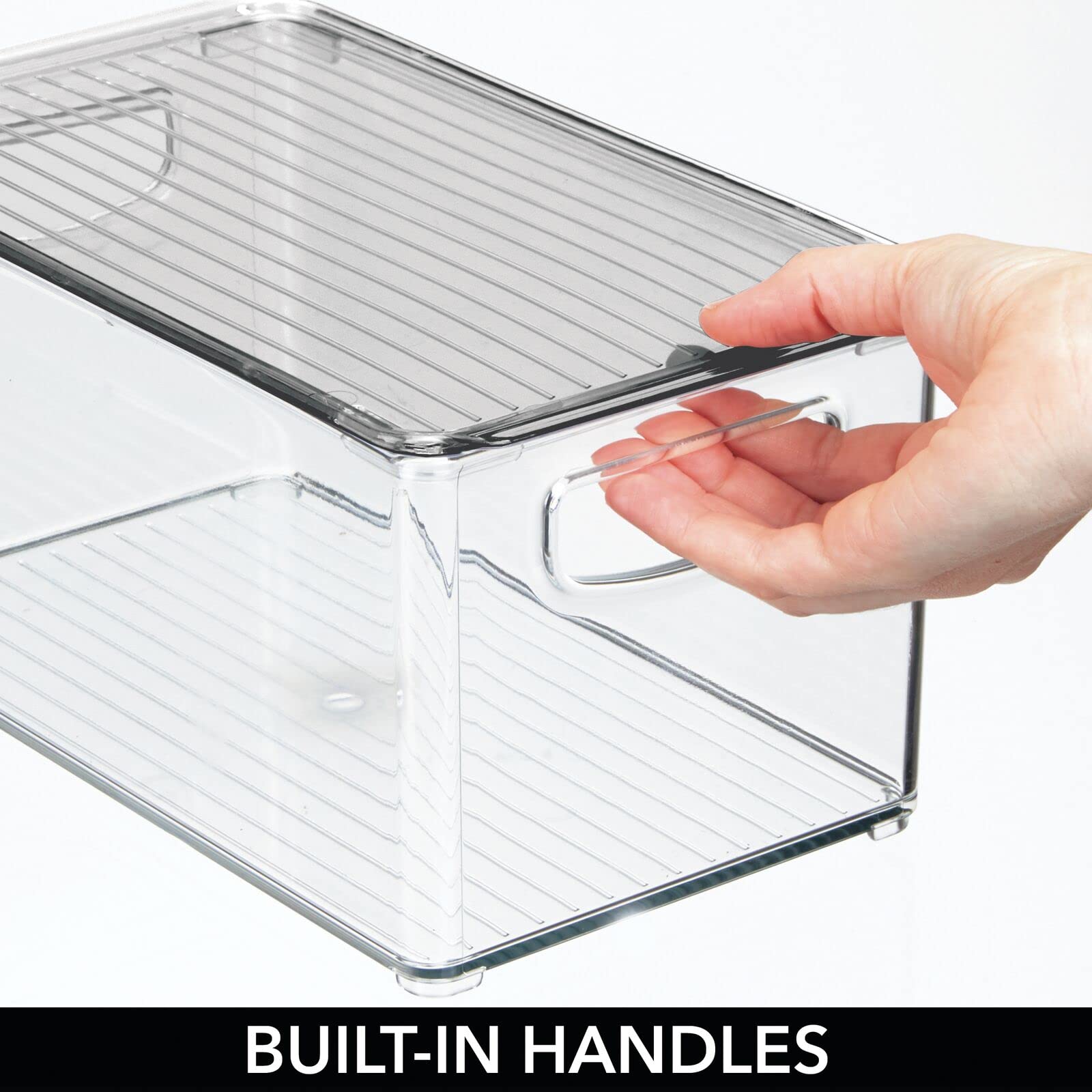 mDesign Deep Plastic Bathroom Storage Bin Box, Lid/Built-In Handles, Organization for Makeup, Hair Styling Tools, Toiletry Accessories in Cabinet, Shelves, Ligne Collection, 4 Pack, Clear/Smoke Gray
