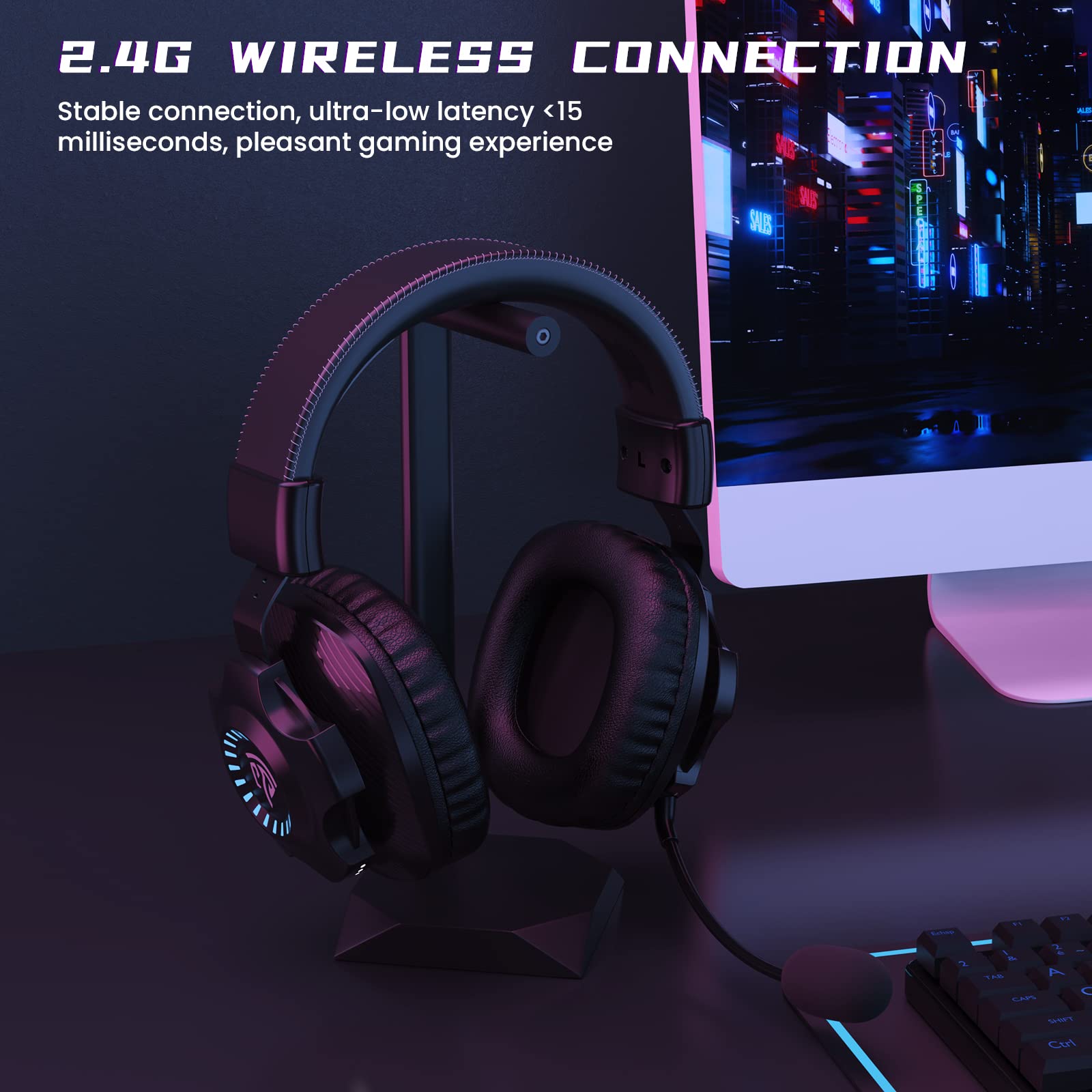 EasySMX 2.4G Wireless Gaming Headset PS5/PS4/PC V07W Noise Cancelling Over Ear 7.1 Surround Gaming Headphones with Detachable Mic, RGB Lighting, Soft Memory Earmuffs, Wired Mode for Xbox One