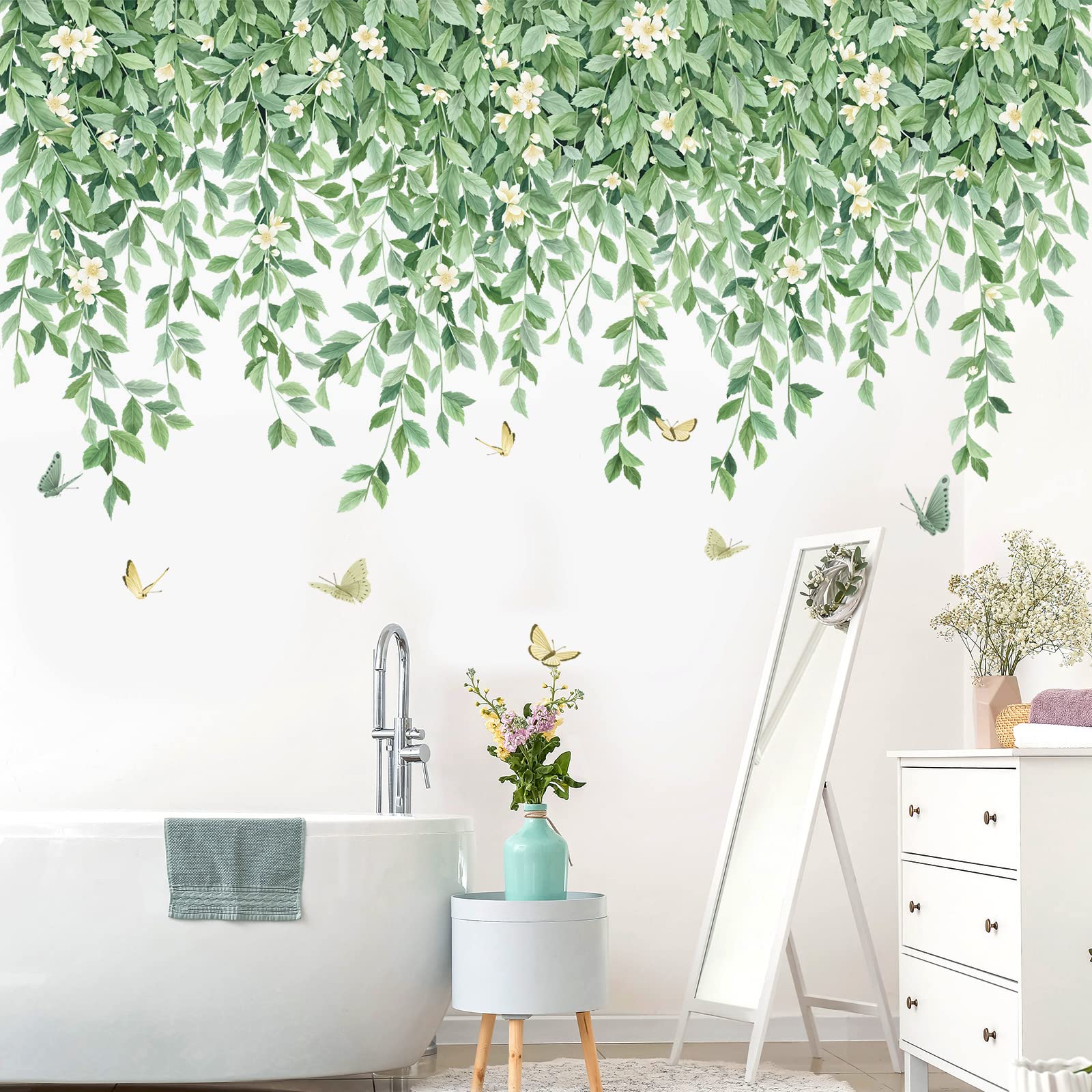 Green Leaves Wall Sticker Hanging Vine Wall Decals Watercolor Eucalyptus Leaf Wall Stickers Removable DIY Flowers Wall Decal for Living Room Bedroom