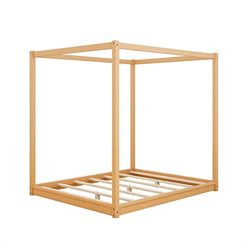 Harper & Bright Designs Queen Size Canopy Platform Bed,Wooden Canopy Bed Frame Queen with Support Legs,Queen Canopy Bed with Low Base for Kids Teens Adults, No Box Spring Needed (Queen, Natural)