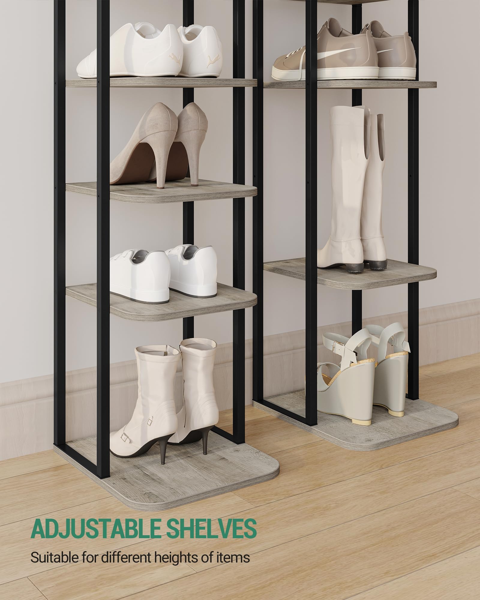 Hzuaneri Vertical Shoe Rack, Shoe Shelves, Wood Shoe Organizer for Closet, Entryway, Shoe Tower for Small Spaces, Free Standing, Adjustable, with 2 Hooks, 7 Tier Greige SR20205B