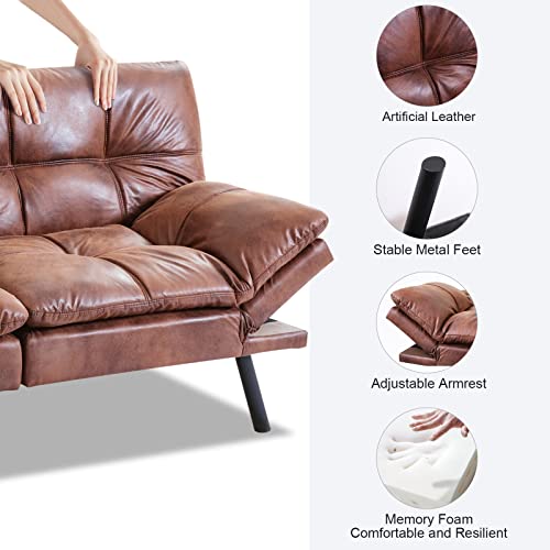 Maxspeed Leather Futon Sofa Bed,Convertible Memory Foam Couch Bed,Modern Loveseat with Covertible Armrests for RV Car Living Room&Bedroom Small Space(Brown)