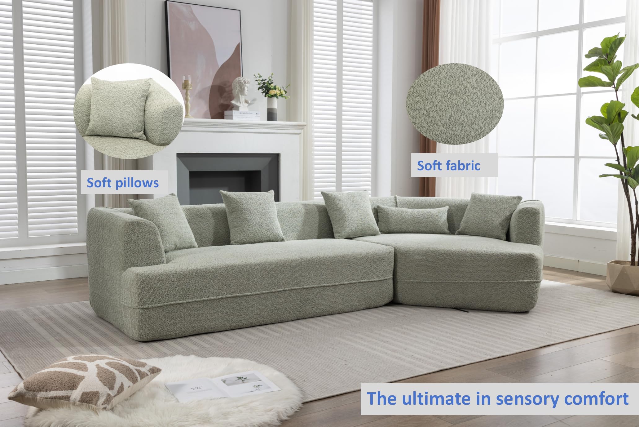 Modern Minimalist Style Modular Sofa Couch with 5 Pillows, 2 PC Combinated Couch, Anti-Wrinkle Boucle Fabric Sofa Set, Max 4 Seater L-Shaped Sofa for Living Room Reception Room (Light Green)