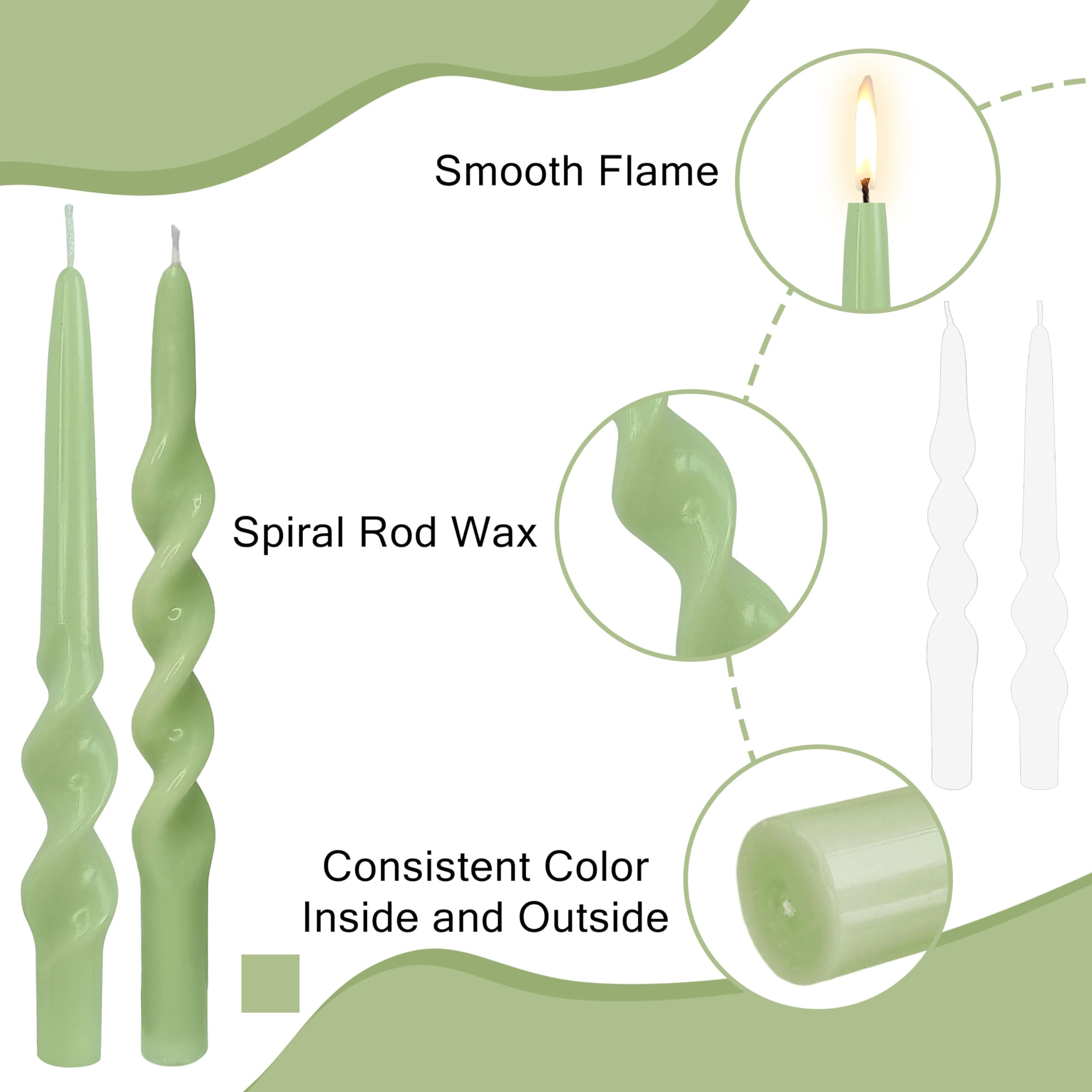 Green Spiral Taper Candles Stick 10 inch High Tapered Candle - 4 PCS Long Candlesticks Unscented Twisted Tapered Candlesticks for Home Decoration Holiday Wedding Party