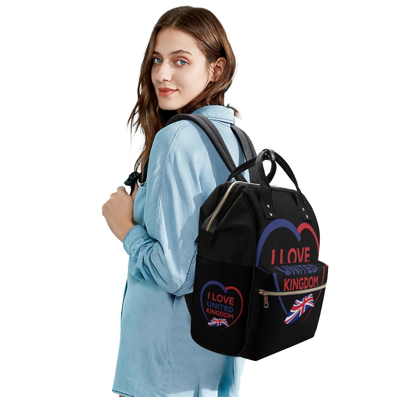 I Love United Kingdom Diaper Bag Backpack Large Capacity Mommy Bags Multifunction Nappy Bag Travel Back Pack Black-Style